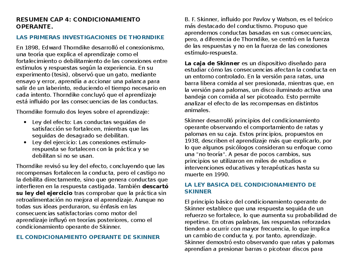 Resumen CAP 4: Condicionamiento Operante y Teorías de Skinner - Studocu