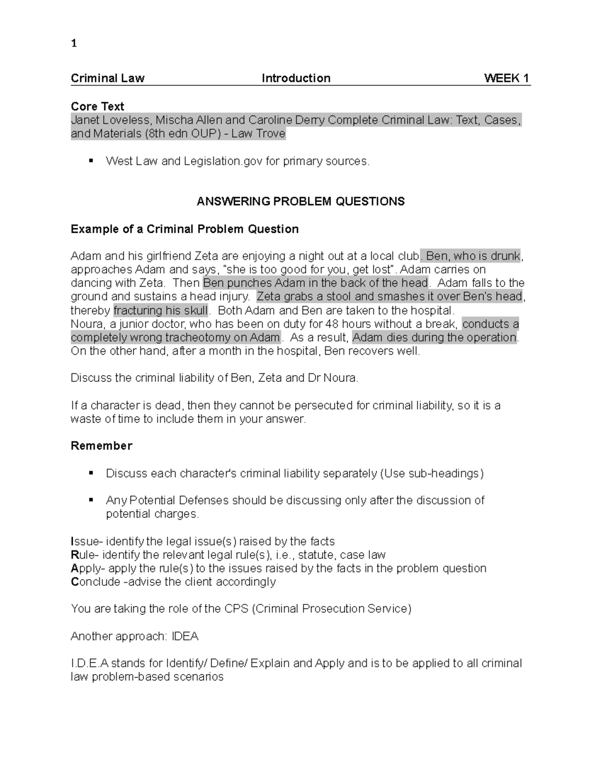 Criminal Law Introduction WEEK 1 - ANSWERING PROBLEM QUESTIONS Example ...