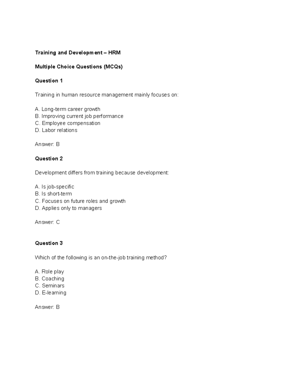 HRM 101: Training and Development MCQs Study Guide - Studocu