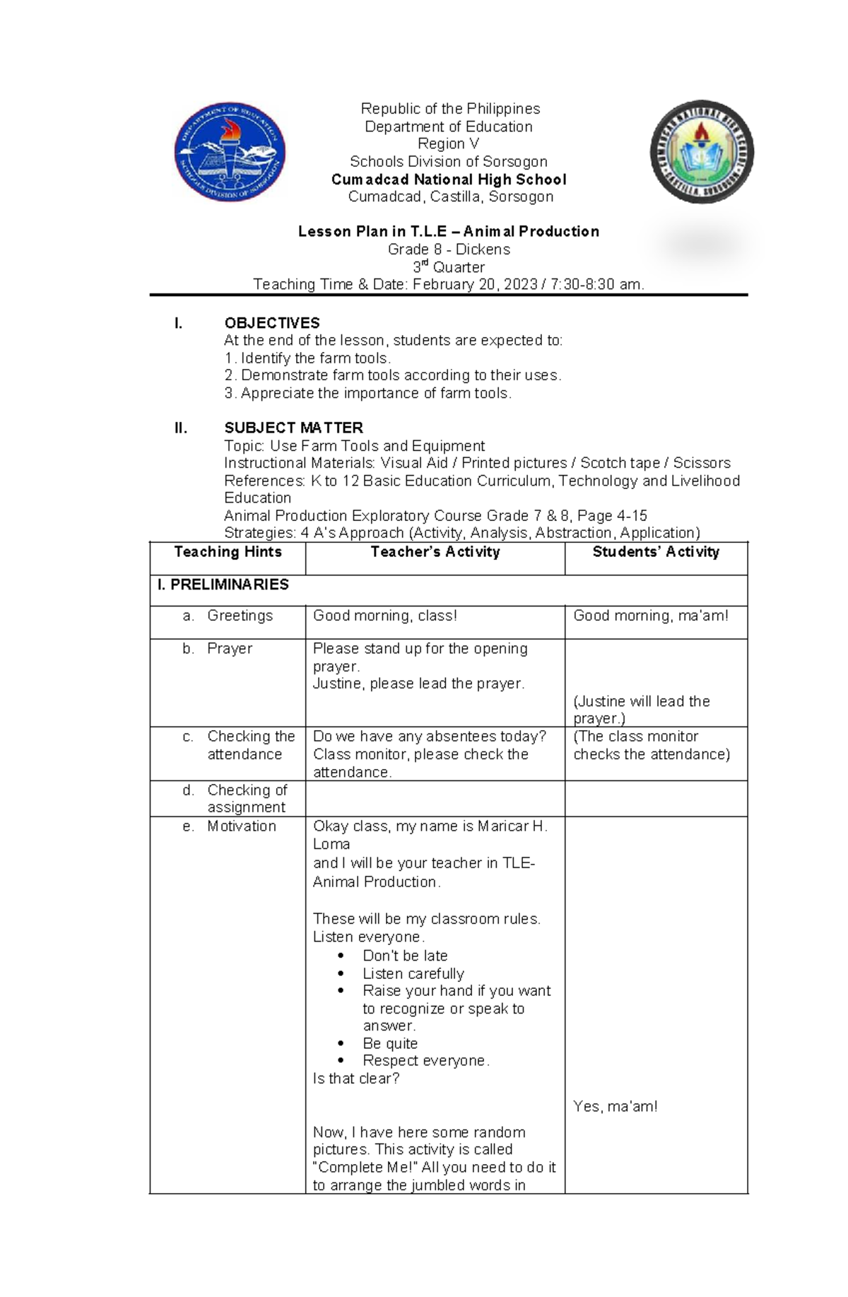 TLE 8 Lesson Plan: Farm Tools & Equipment (3rd Quarter) - Studocu