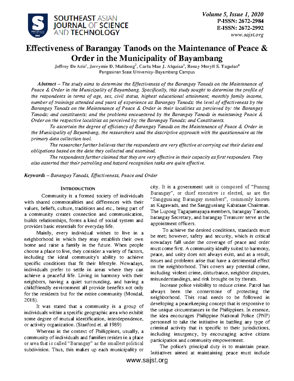 Effectiveness of Barangay Tanods in Maintaining Peace Order in ...