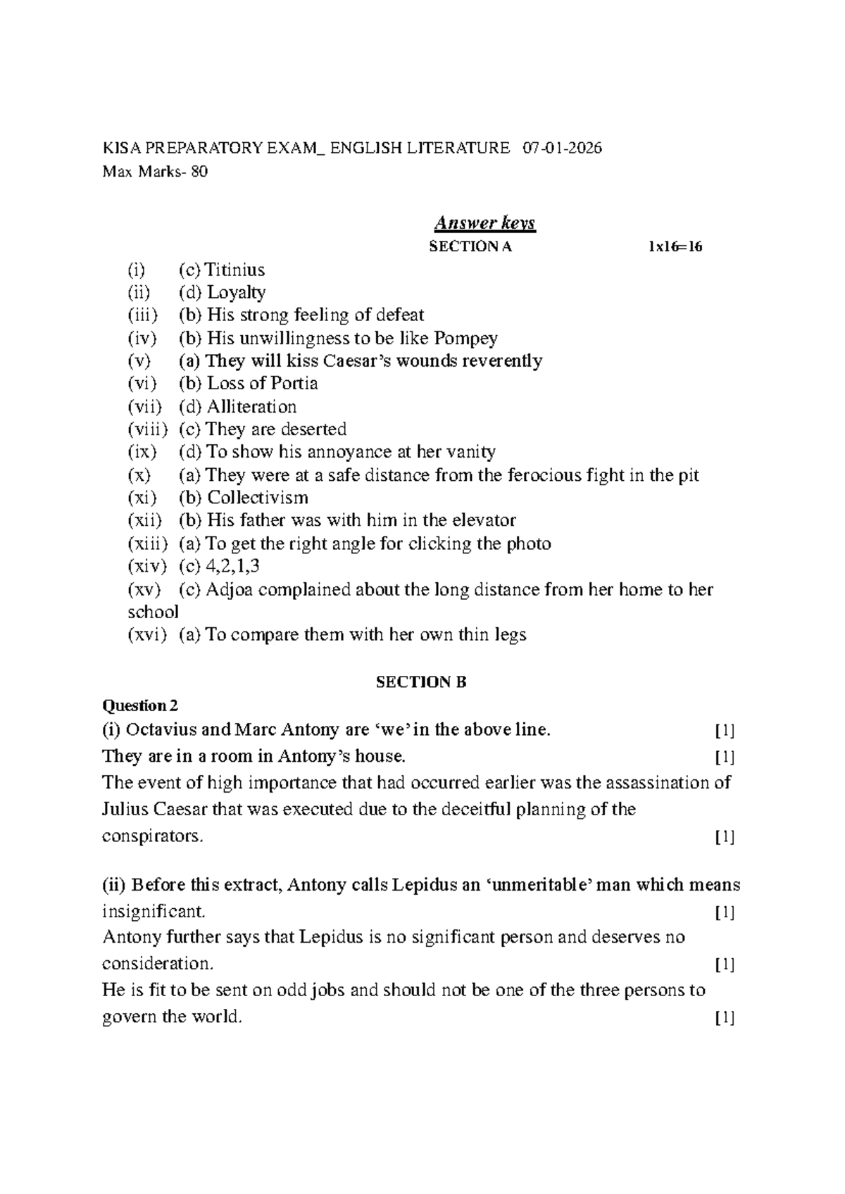 KISA PREPARATORY EXAM: ENGLISH LITERATURE Answer Keys & Analysis - Studocu