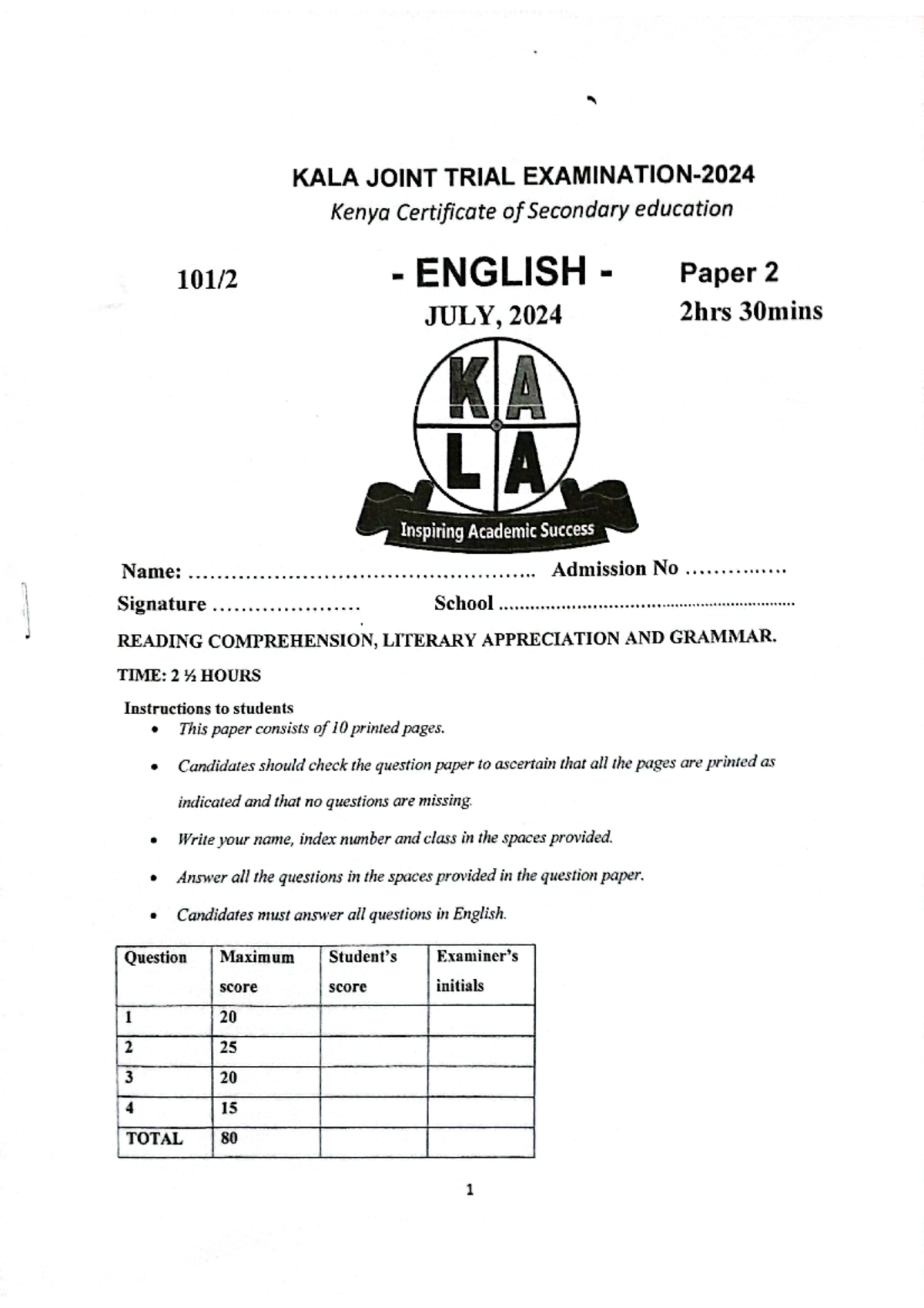KALA ENG PP2 QP 2024 - none - KALA JOINT TRIAL Kenya Certificate of ...