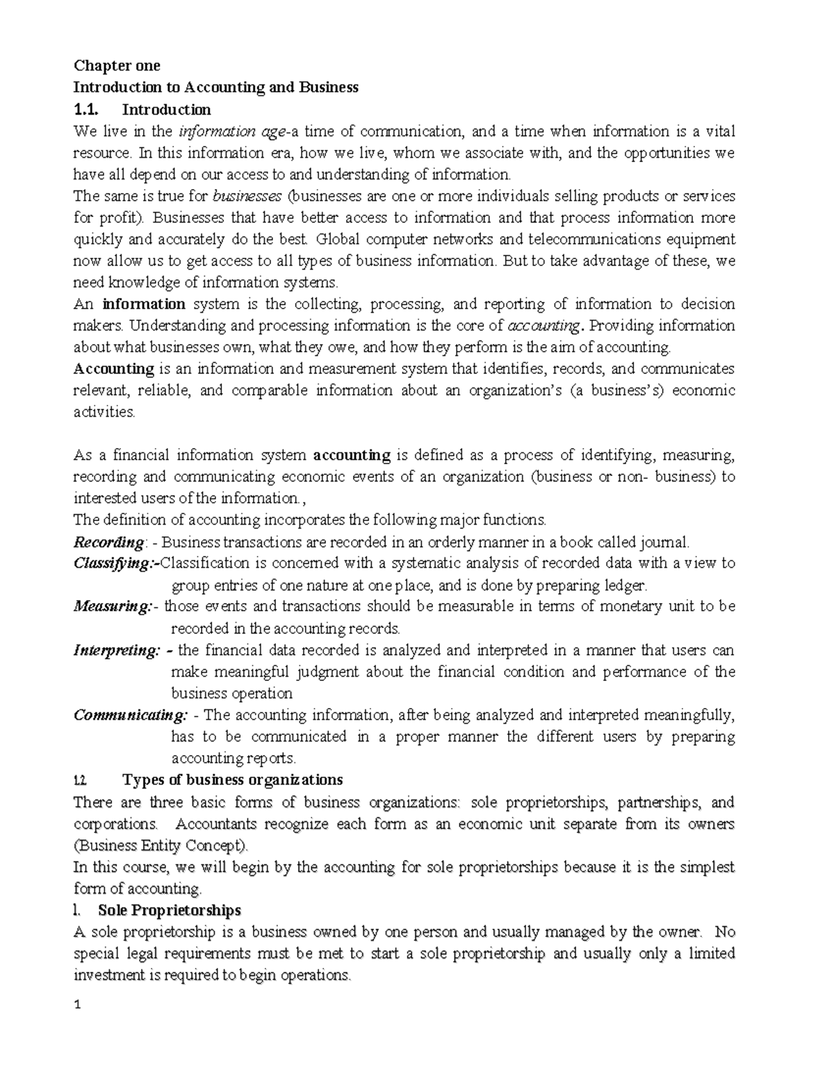 Fundamentals of Accounting-I-CH-1 - Chapter one Introduction to ...
