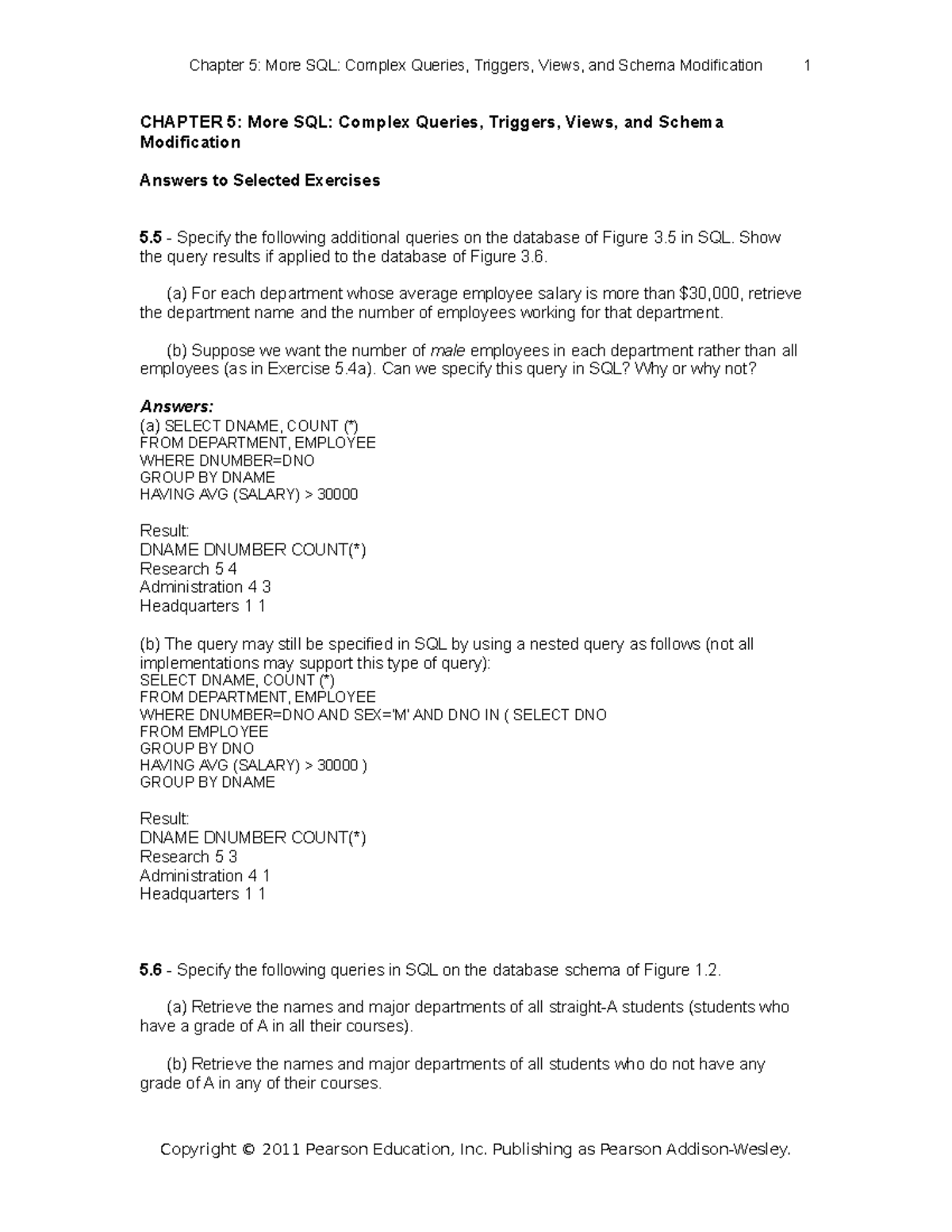 Elmasri 6e ISM 05 - Solutions to Chapter 5 SQL Queries and Exercises - Studocu