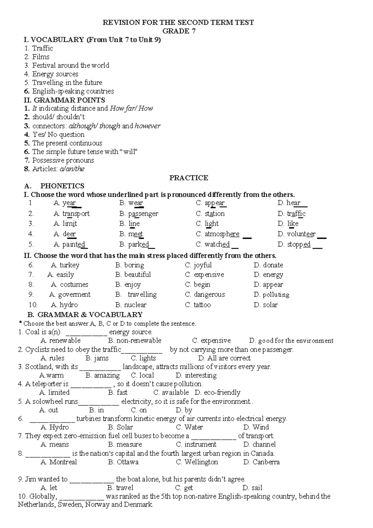Revision for the 2nd Term Test - Grade 7 Vocabulary & Grammar - Studocu