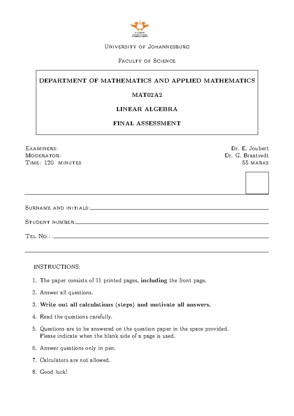 MAT02A2 LINEAR ALGEBRA FINAL EXAMINATION GUIDE - Studocu