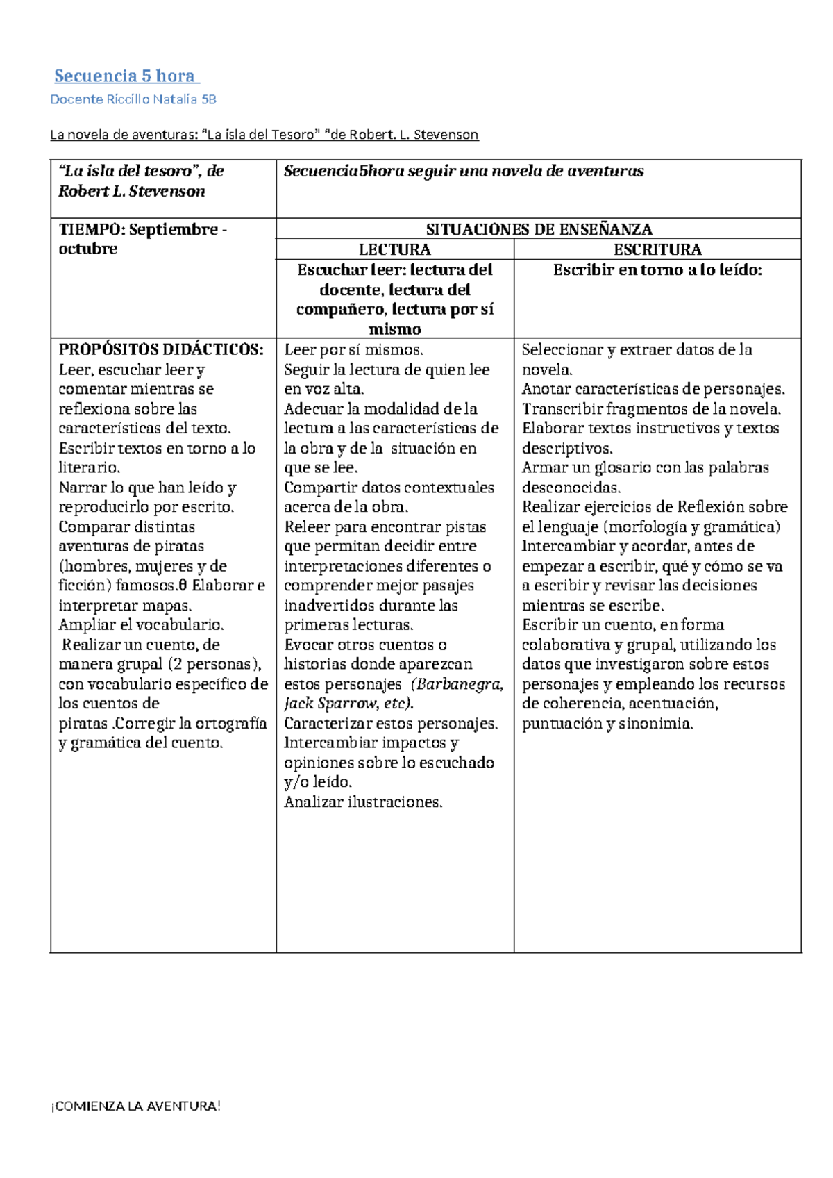 Secuencia 5: La Novela de Aventuras "Isla del Tesoro" - Docente ...