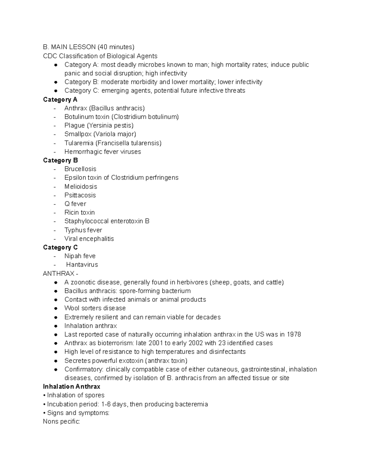 B. MAIN LESSON: CDC Classification of Biological Agents and Anthrax ...