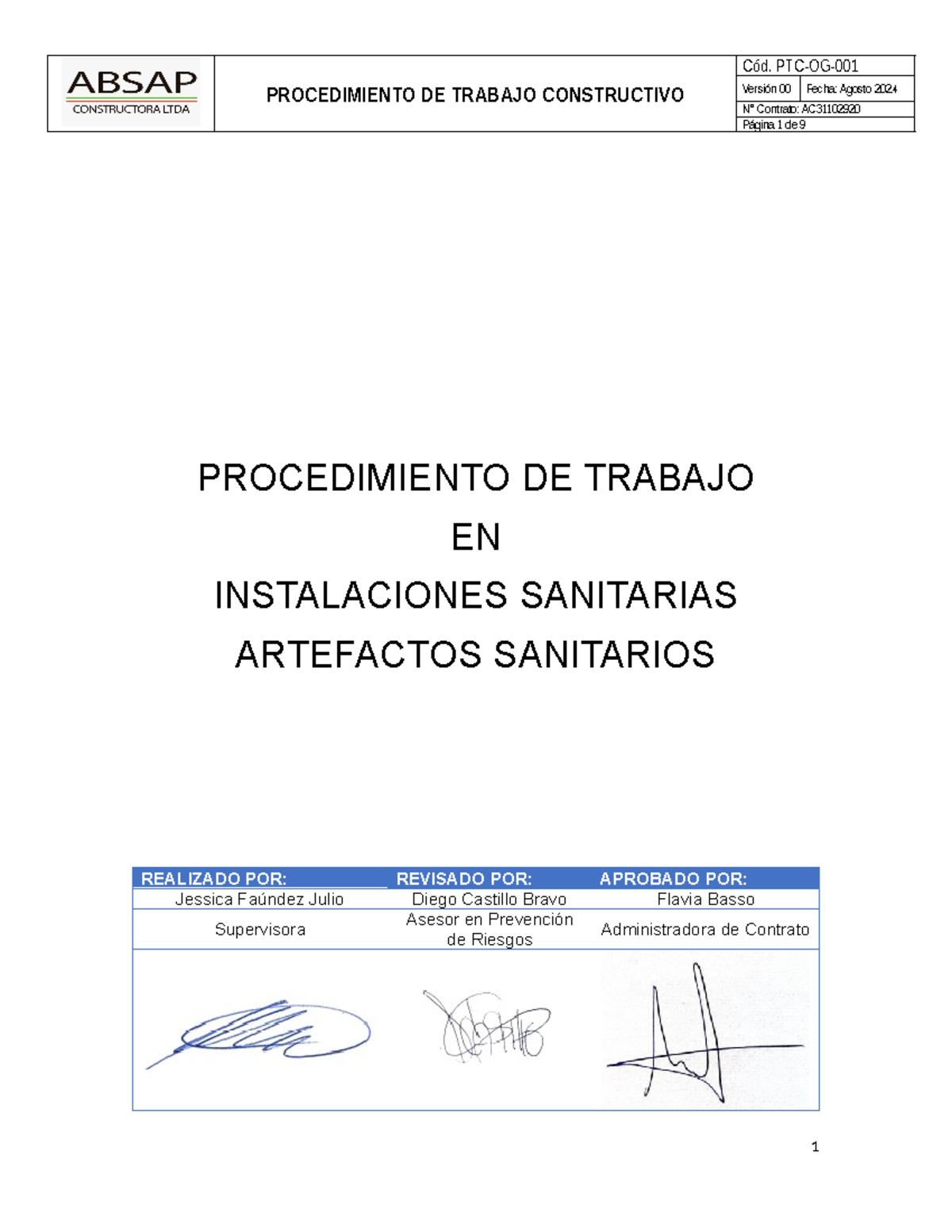 PTC-OG-012 Procedimiento de Trabajo Constructivo en Instalaciones Sanitarias - Studocu