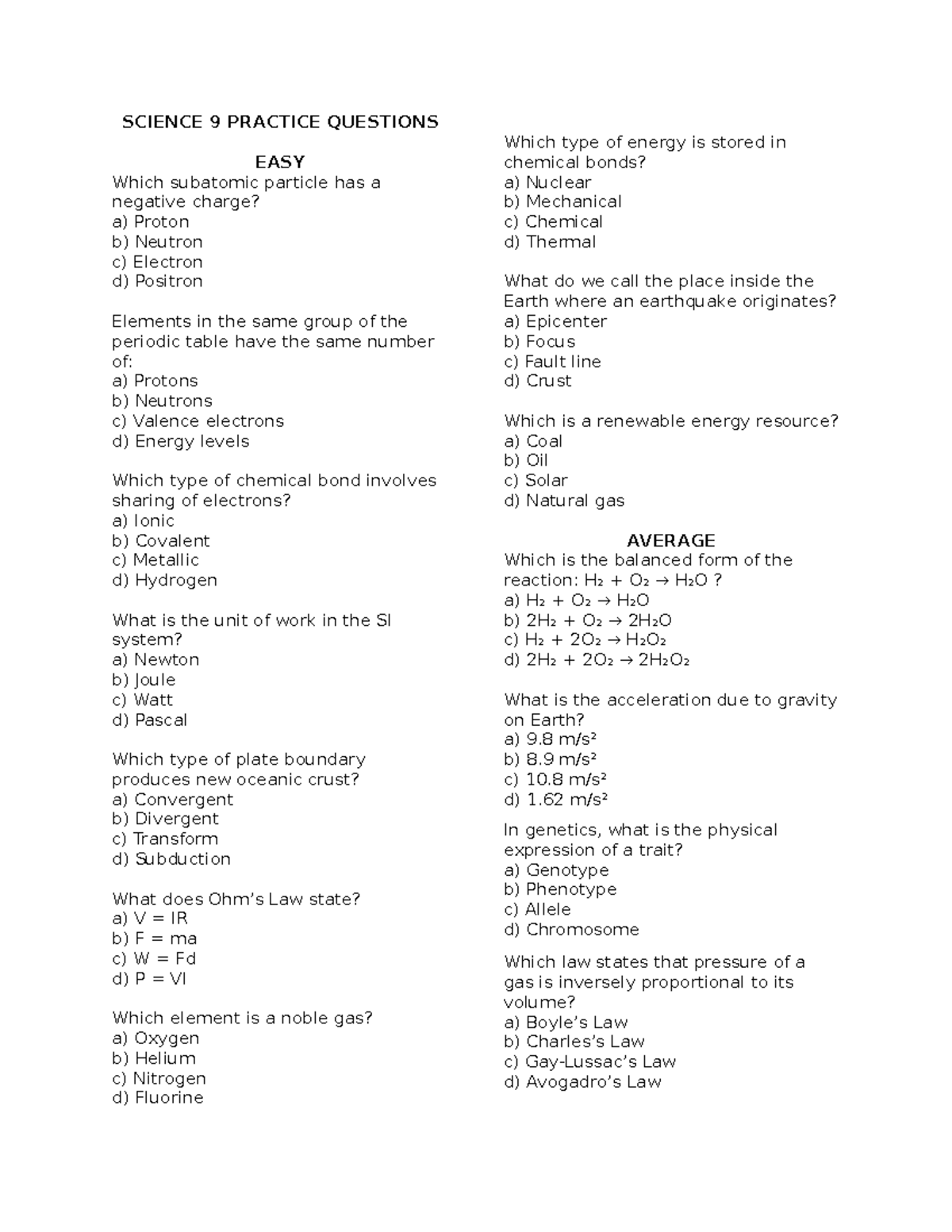 SCIENCE 9 PRACTICE QUESTIONS: SUBATOMIC PARTICLES & CHEMICAL BONDS ...