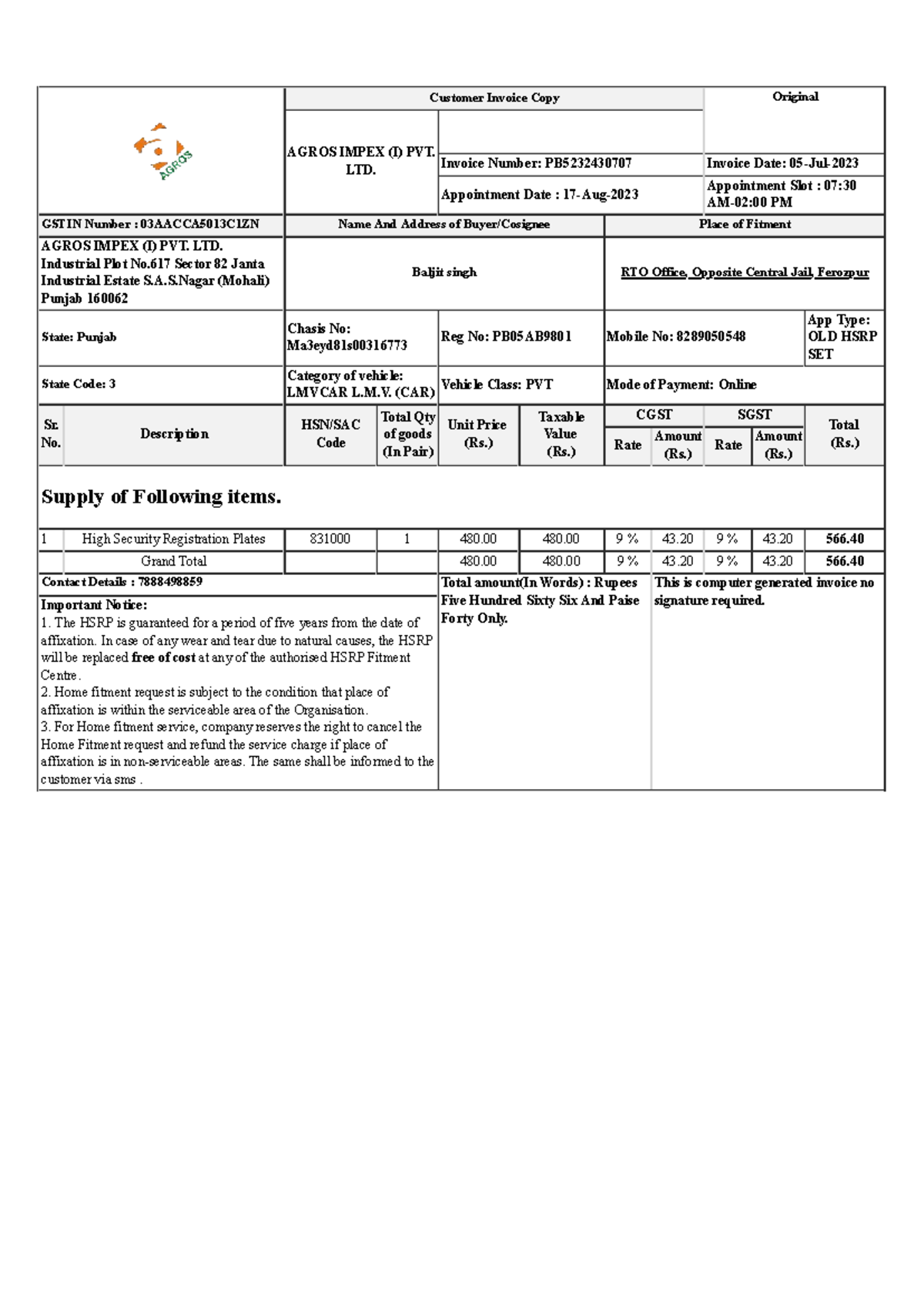Customer Invoice Copy for HSRP - AGROS IMPEX (I) PVT. LTD. - Studocu
