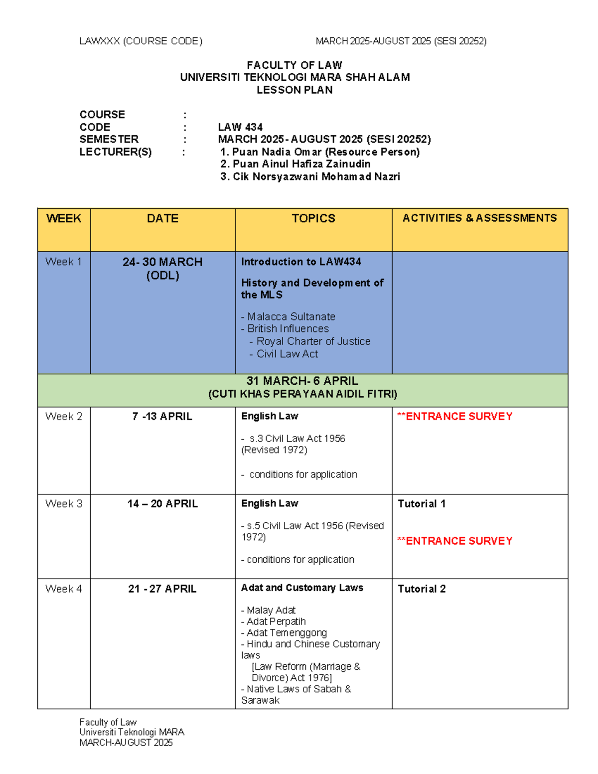 LAW434 Lesson PLAN FOR SEM March - August 2025 (20252) - FACULTY OF LAW ...