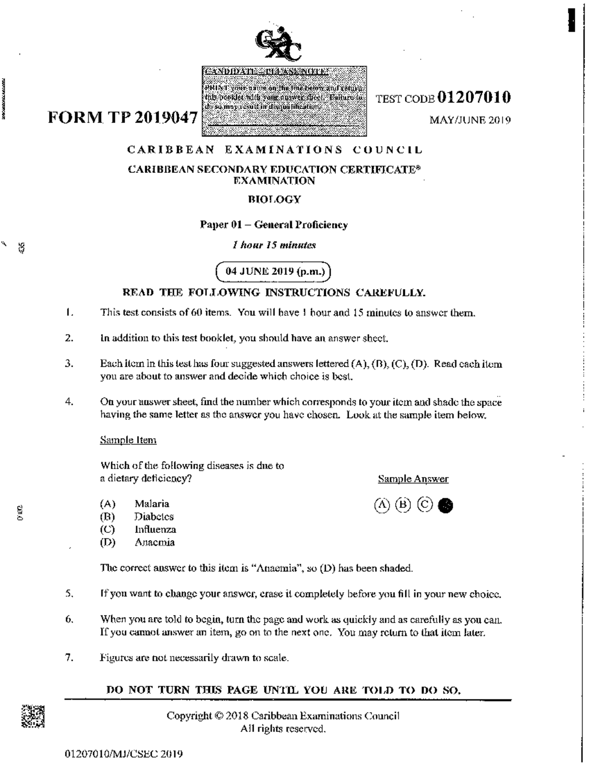 CSEC BIOLOGY Paper 01 Past Exam Questions - June 2019 - Studocu