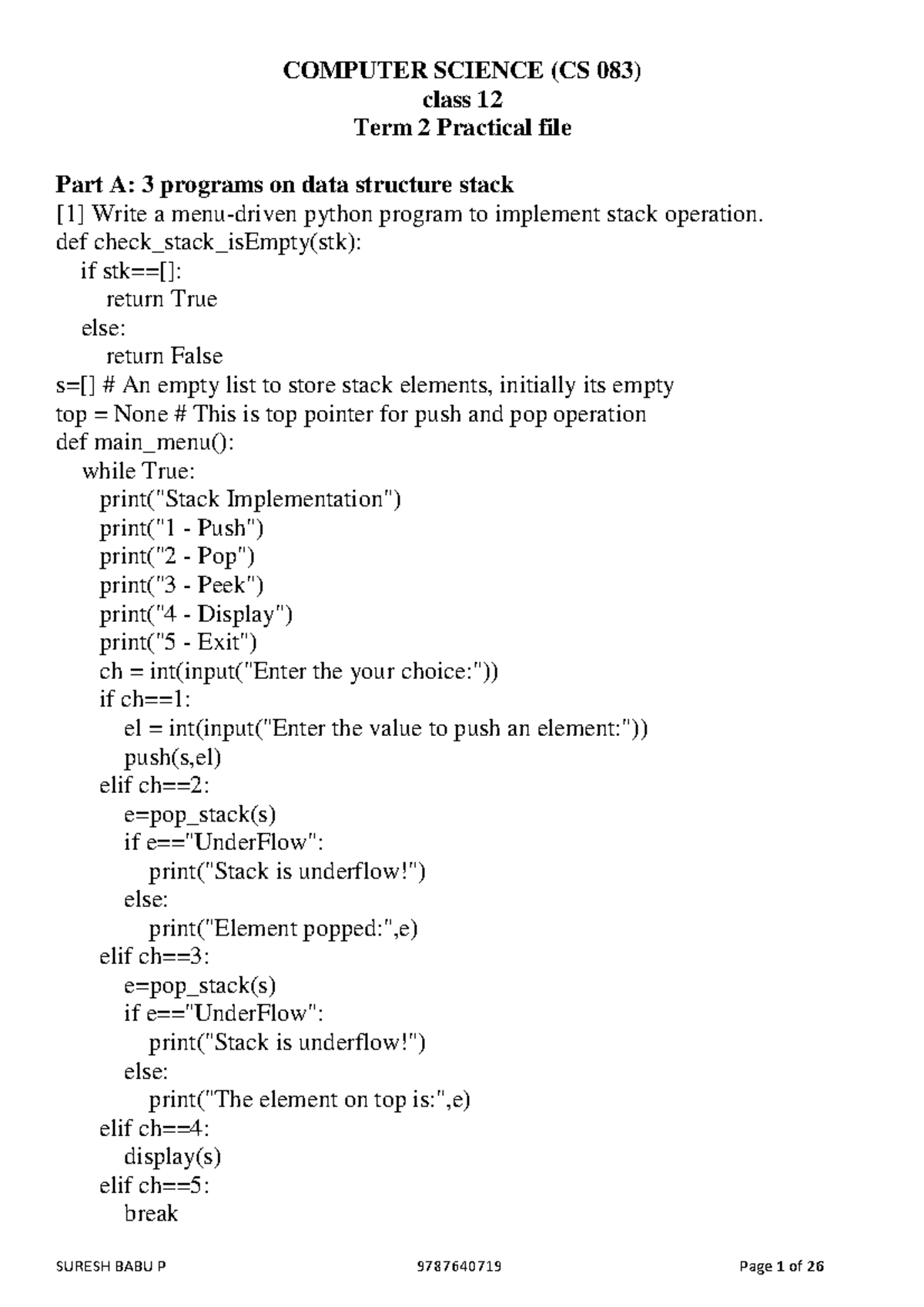 Xii Cs Term 2 Practical File 2 Computer Science Cs 083 Class 12 Term 2 Practical File Part A