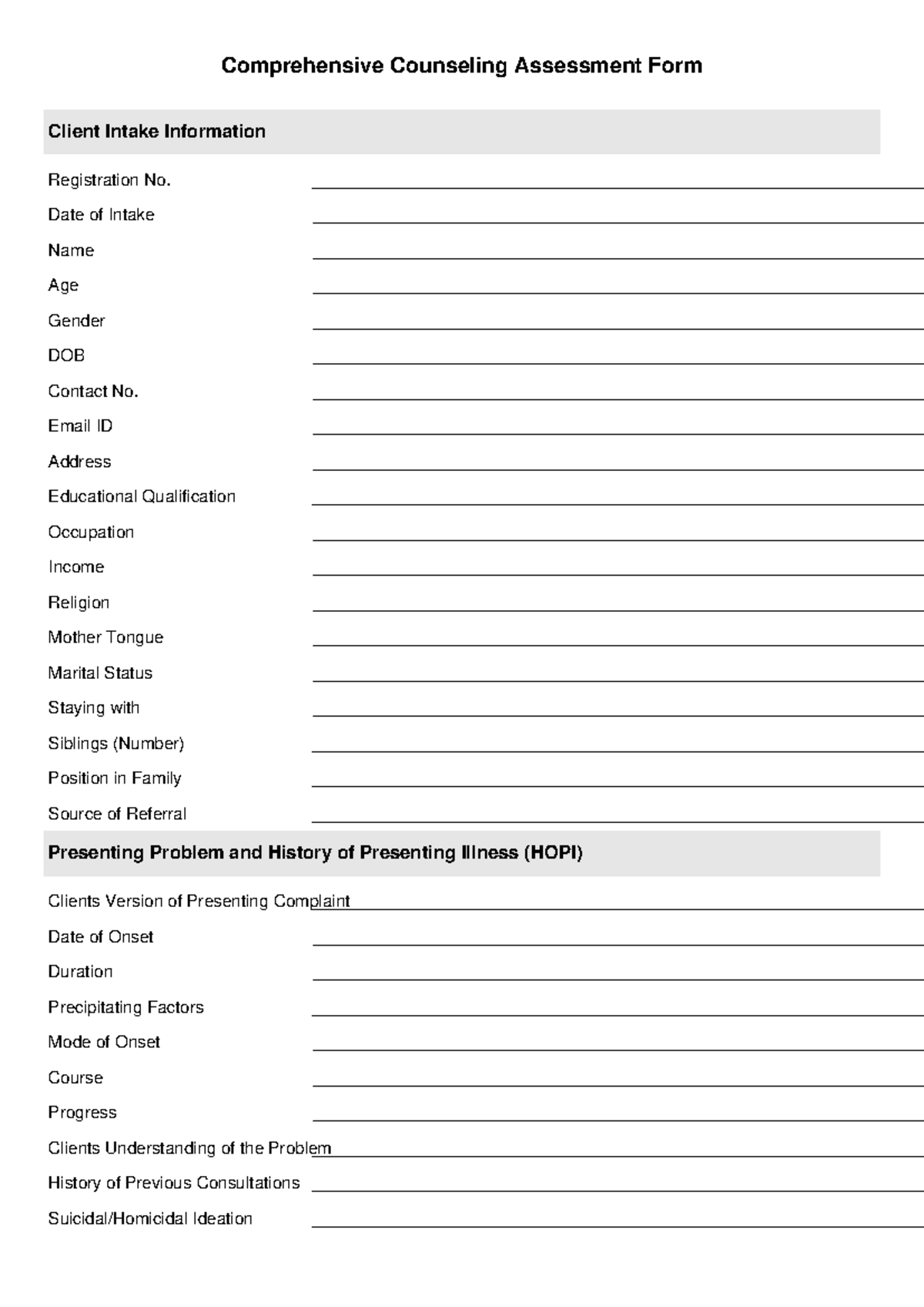Counseling Assessment Form Part 1: Client Intake & Evaluation Details ...