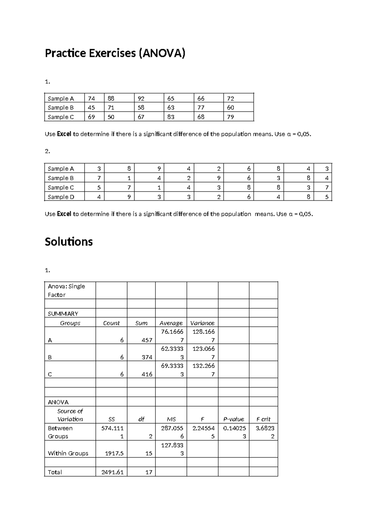 STFM125 Practice Exercises: ANOVA Analysis and Solutions - Studocu