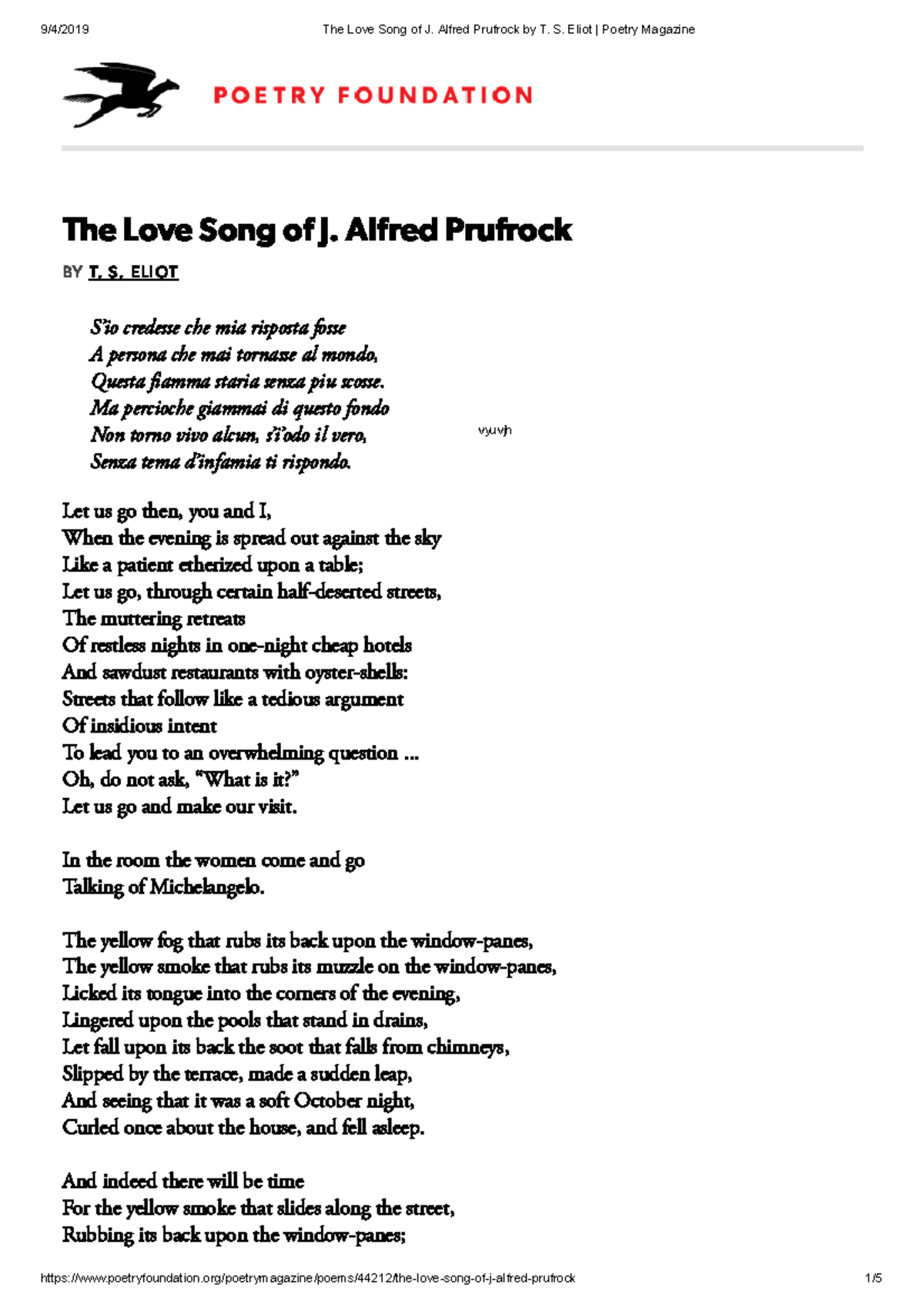 The Love Song of J. Alfred Prufrock - T. S. Eliot Analysis Notes - Studocu