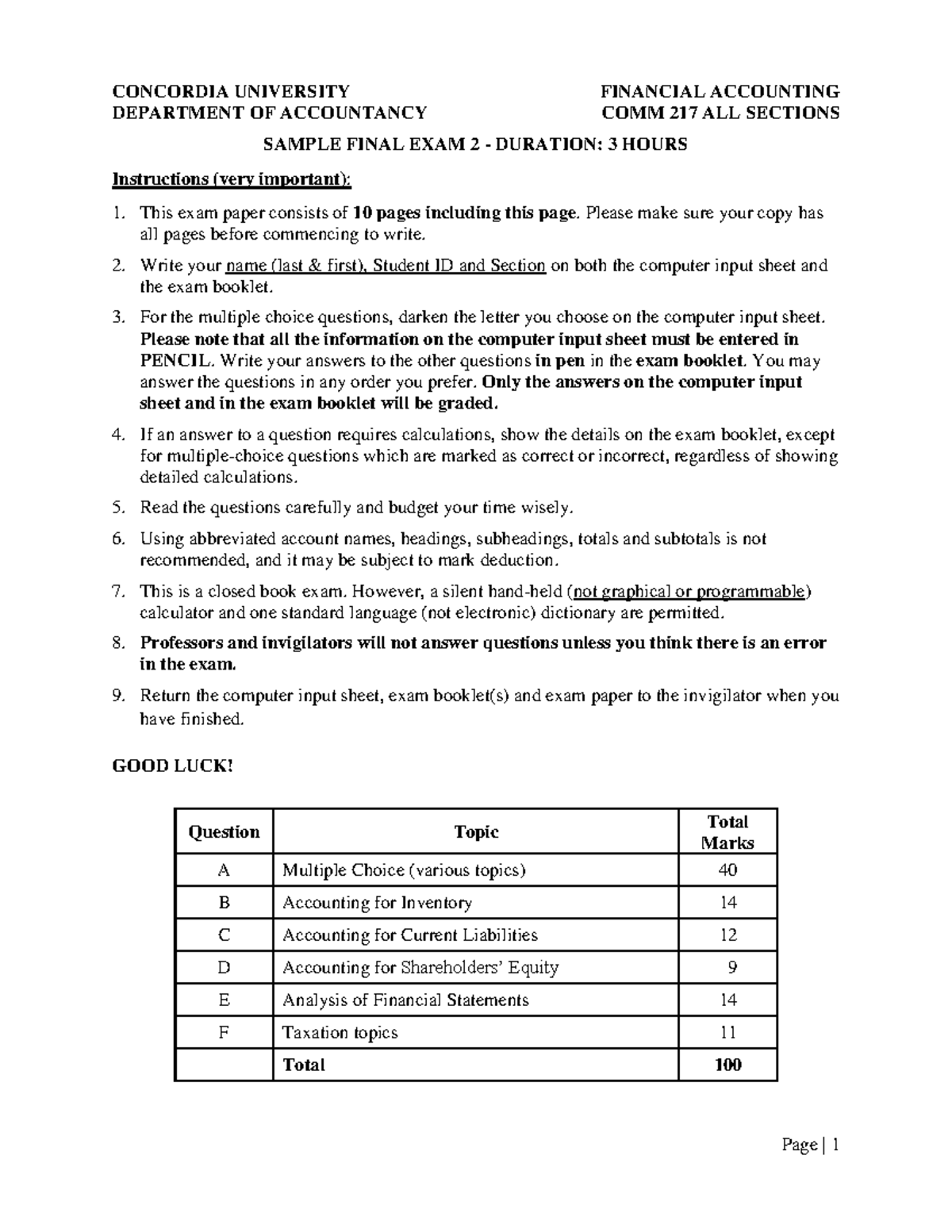 Sample Final Exam 2 - COMM 217 Financial Accounting All Sections - Studocu