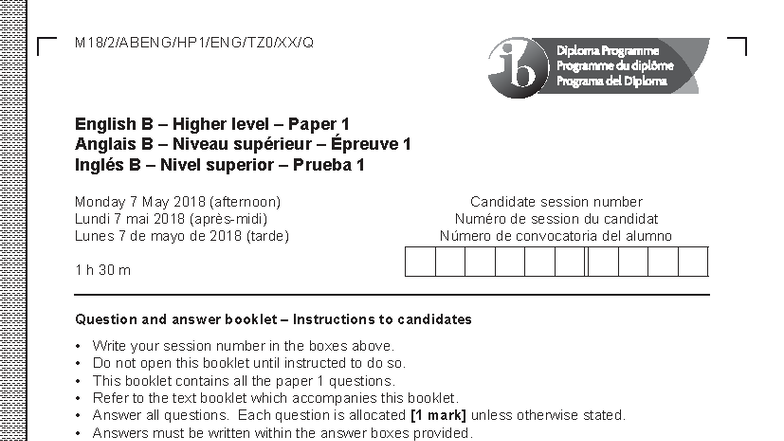 English B paper 1 question booklet HL - Question and answer booklet ...