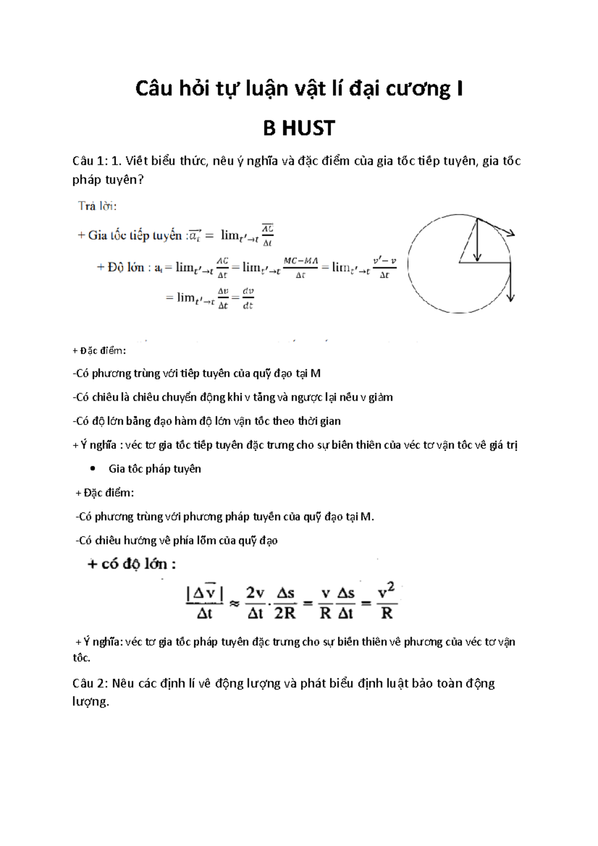 Lý thuyết Vê Lờ 1 1 - Hướng dẫn làm bài tập thi vldc1 hust. - Câu h i tỏ ự lu n v t lí đ i cậ ậ ...