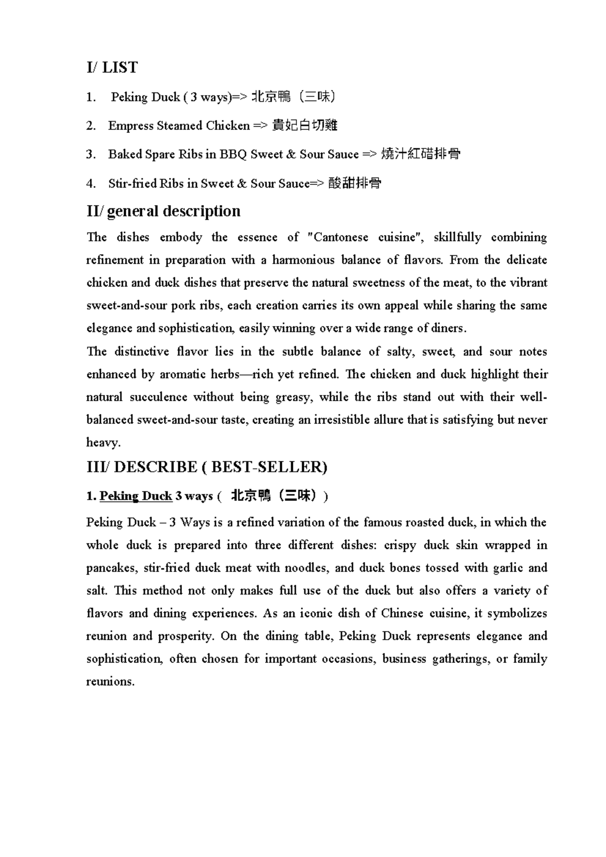 LIST 1: Chinese Meat Dishes - Peking Duck & Ribs Descriptions - Studocu