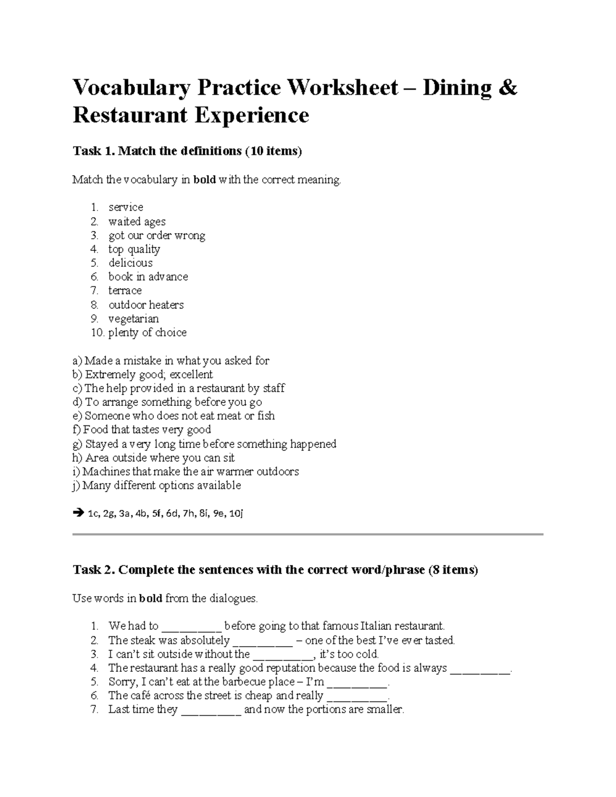 Vocabulary Practice Worksheet: Dining & Restaurant Experience Tasks ...