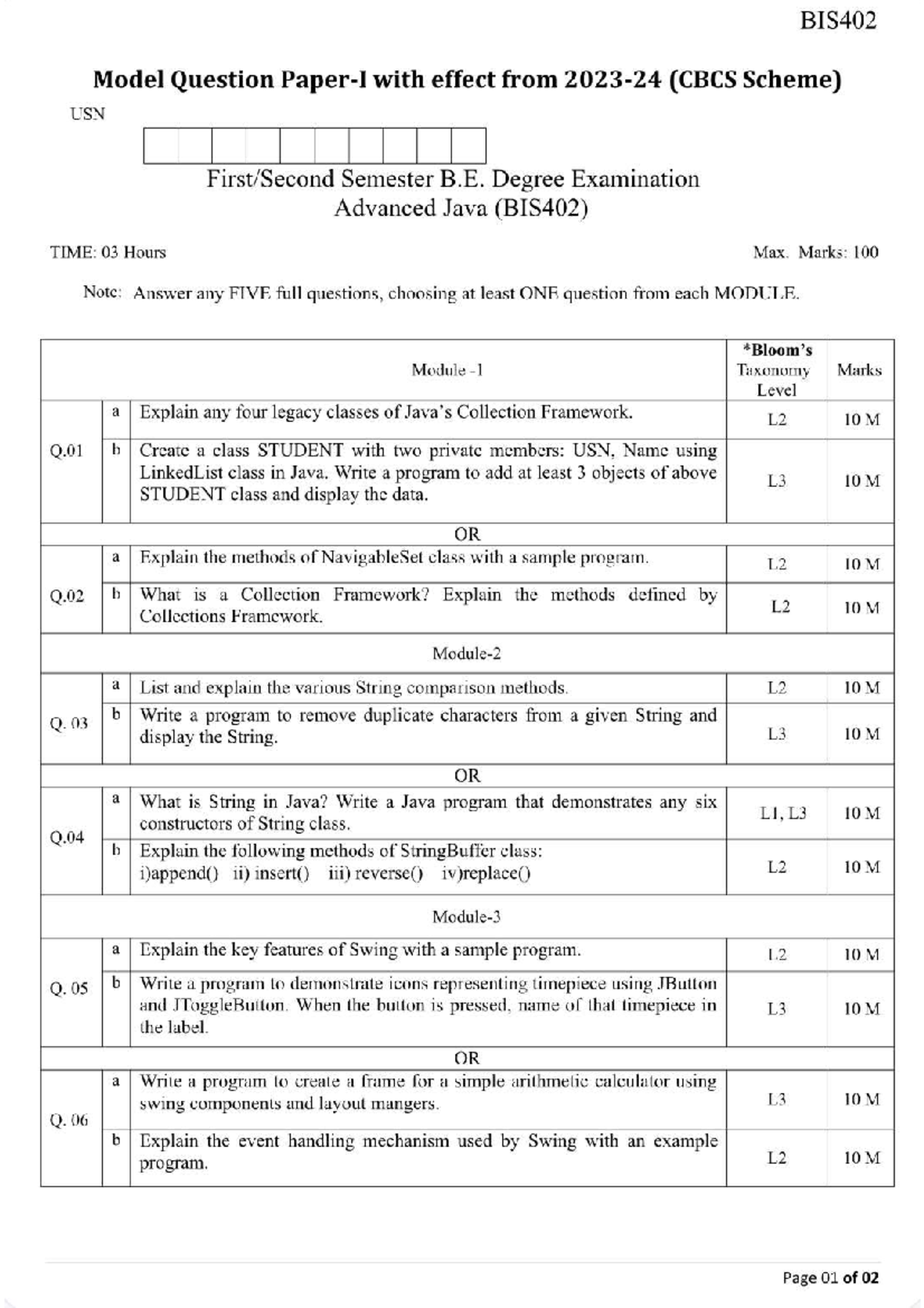 BIS402 Advanced Java Model Question Paper (CBCS Scheme) - Studocu