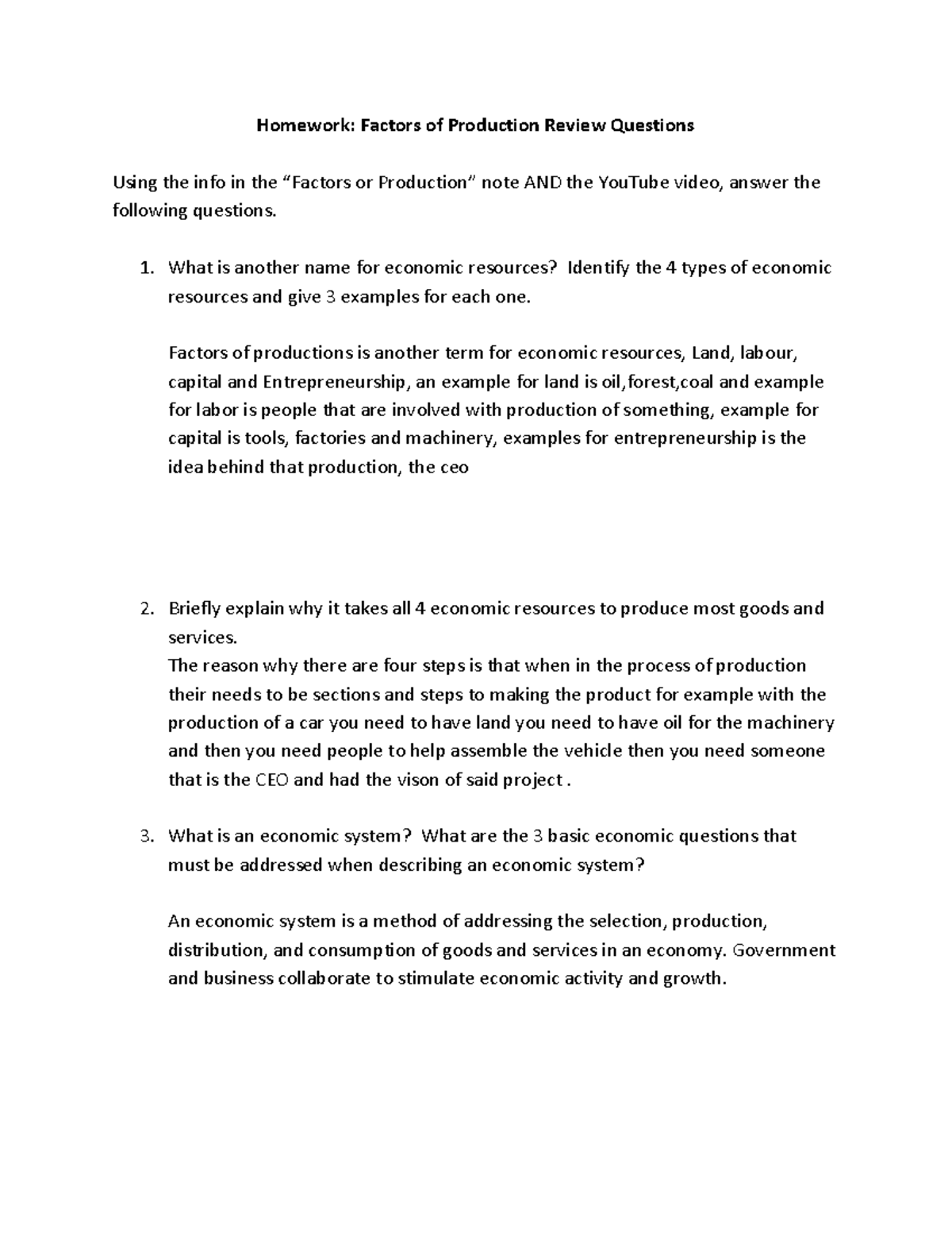 Factors of Production Homework Review Questions - Studocu