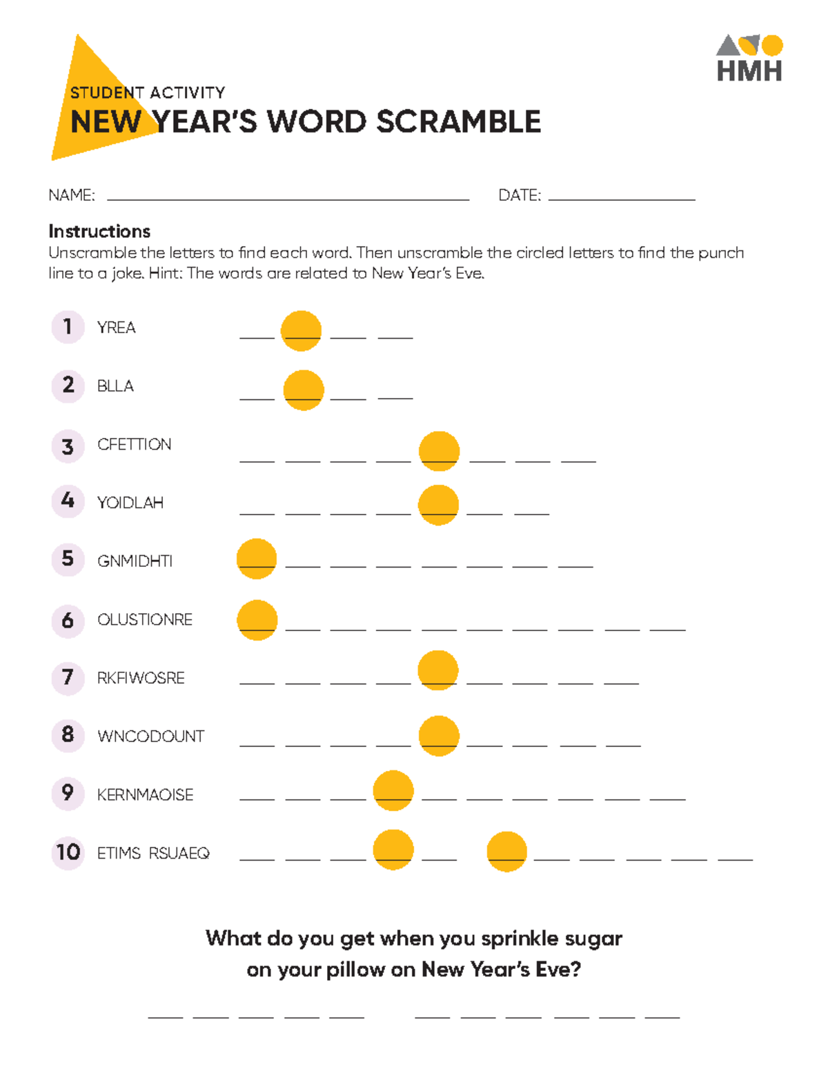 New Years word scramble activity for students - NAME: DATE: NEW YEAR’S ...