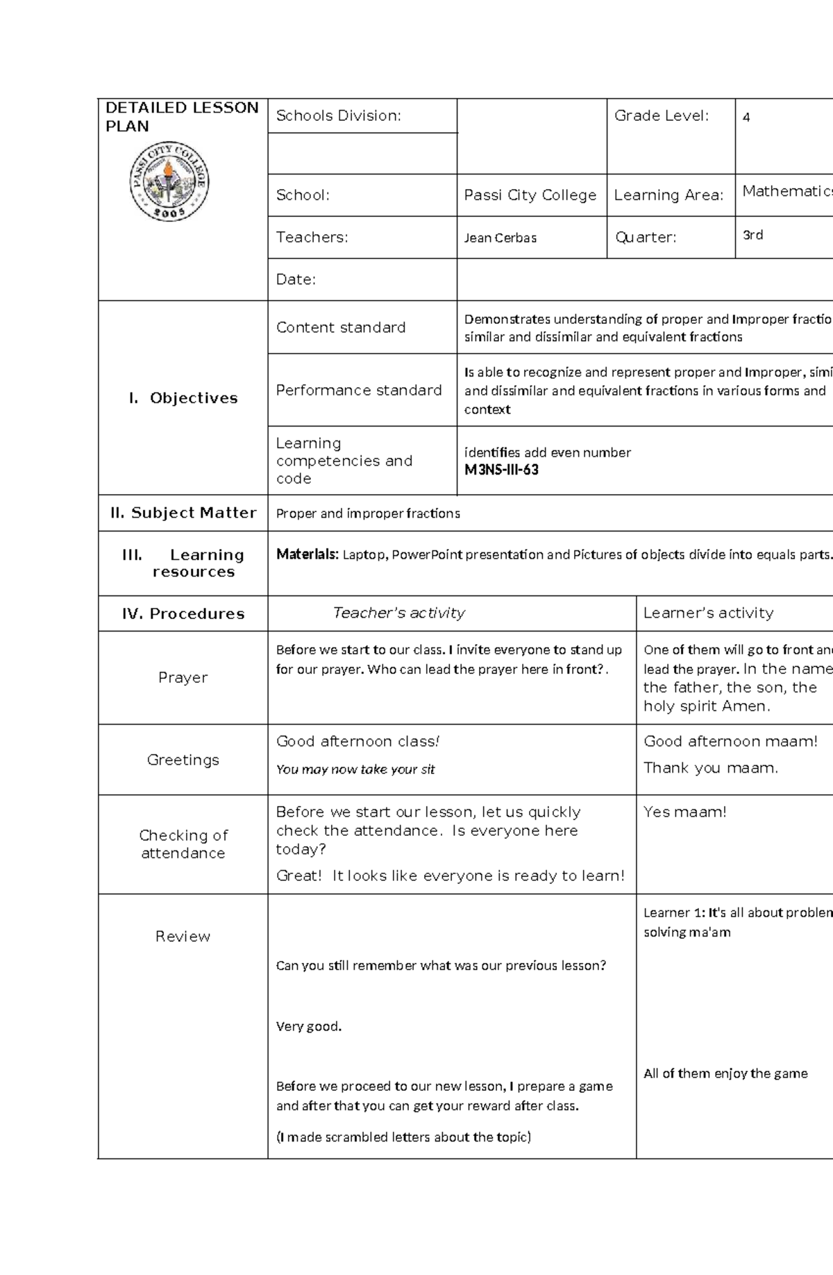 Detailed Lesson Plan in Math 4: Understanding Fractions - Studocu