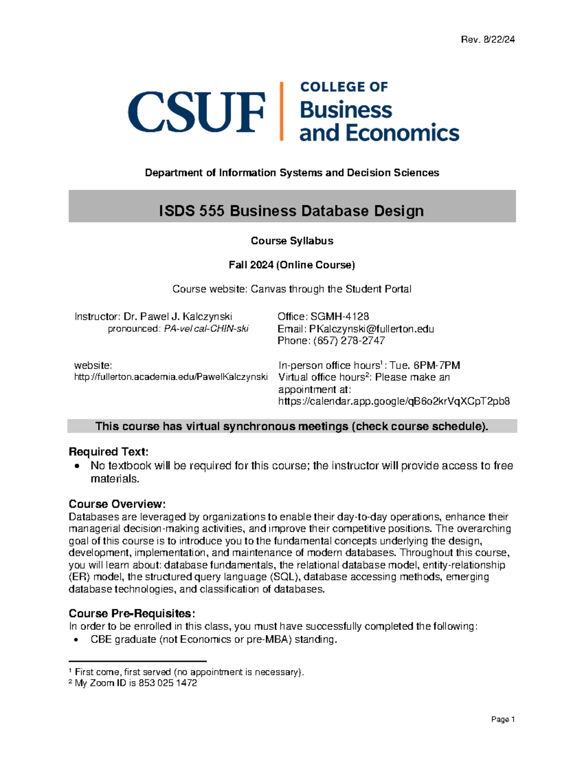 ISDS555 MSIT - Business Database Design Course Syllabus (Fall 2024 ...