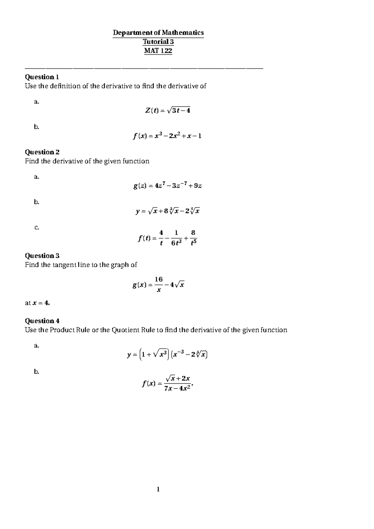 Tutorial 3 - MAT 122: Derivatives and Tangent Line Problems - Studocu