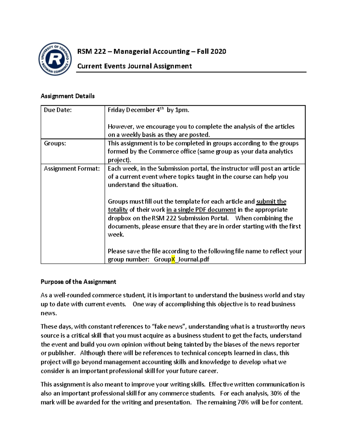 Current Events Journal Assignment - Guidelines (1) - RSM 222 ...