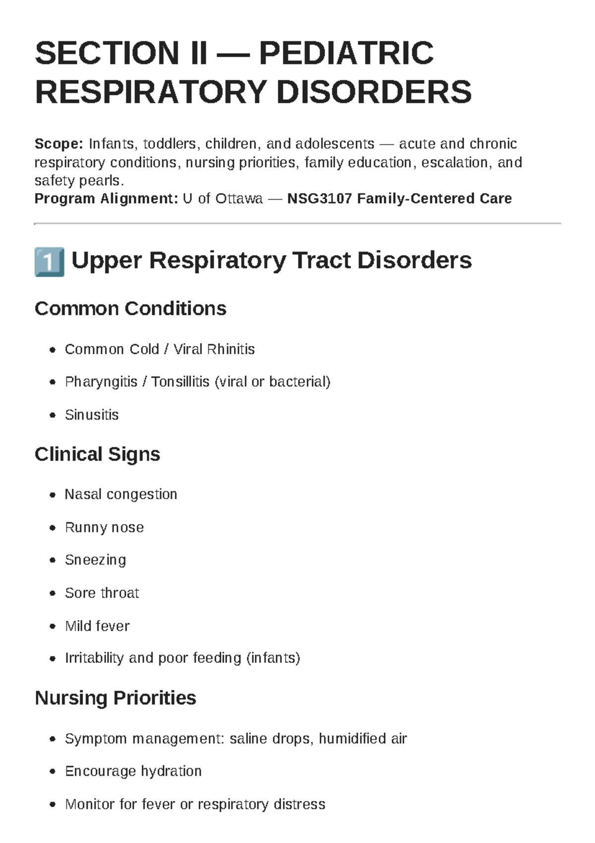 NSG3107 Pediatric Respiratory Disorders Summary and Nursing Care - Studocu