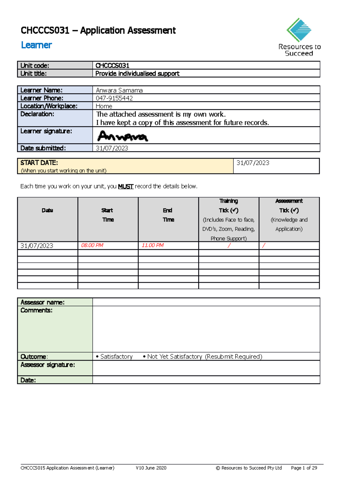 CHCCCS 031 - Application Assessment Report by Anwara Samama - Studocu