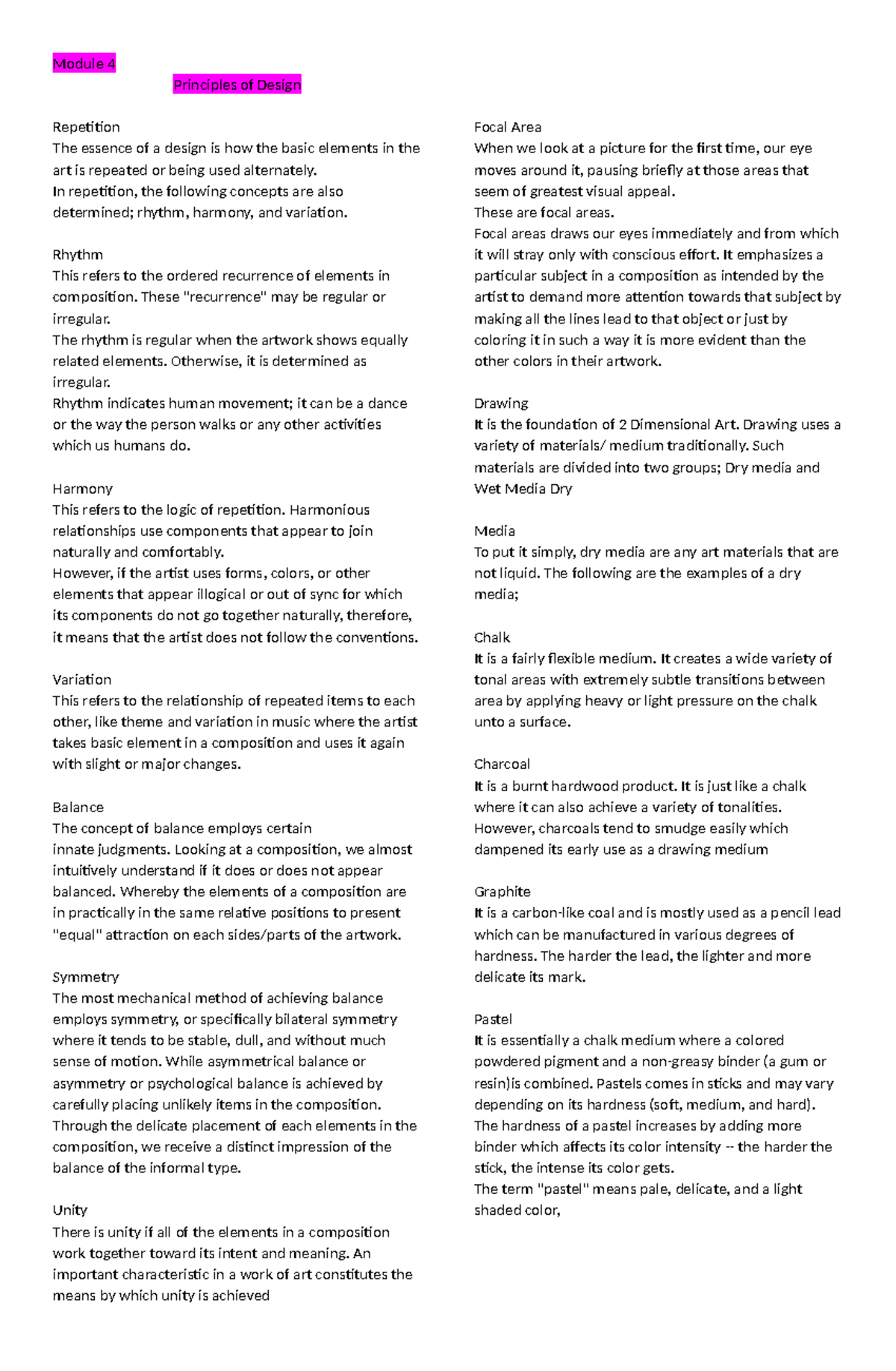 Art Appreciation Module 4: Principles of Design and Photography - Studocu