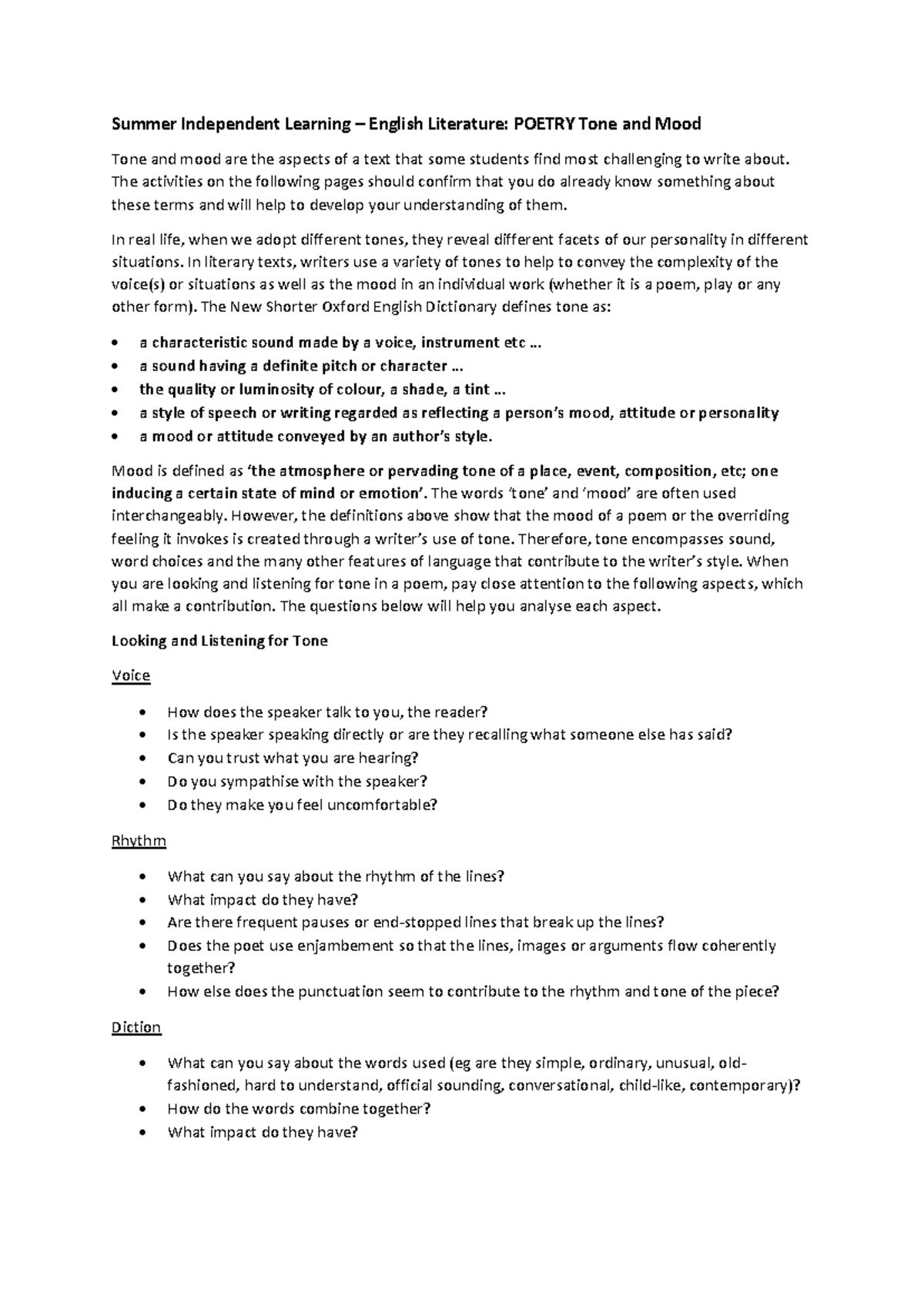 English Literature: Summer Independent Learning on Poetry Tone & Mood ...