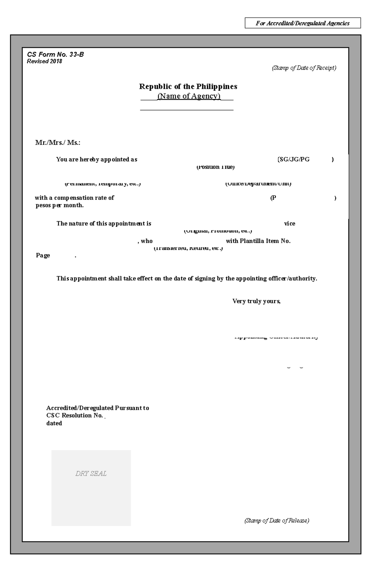 CS Form No. 33-B Appointment Form - Agency Accreditation Details - Studocu