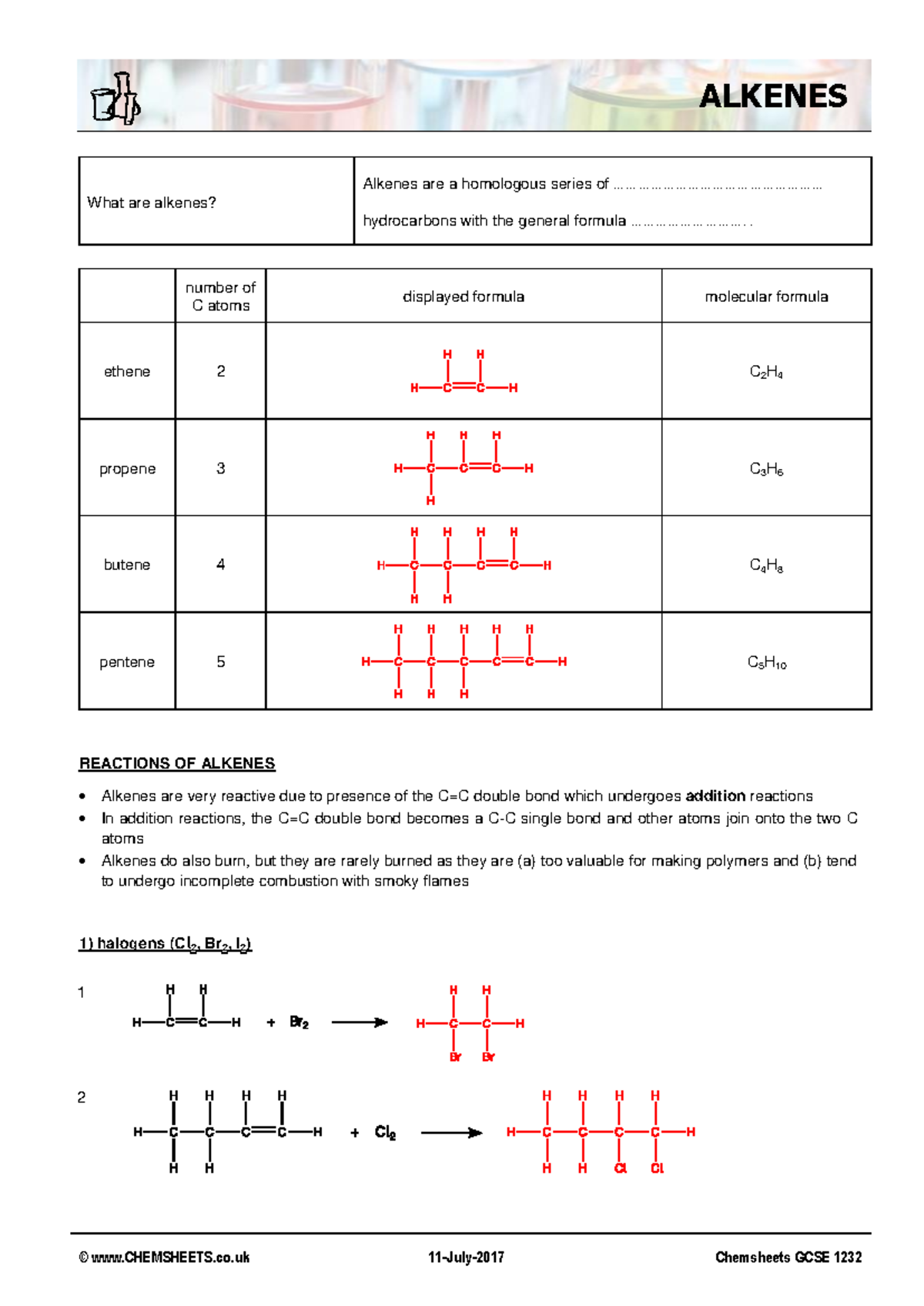 Alkenes Worksheet Answers with Reactions and Structure Overview - Studocu