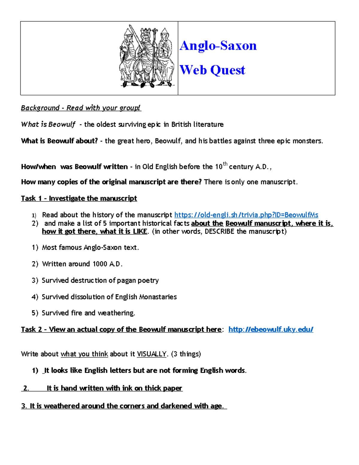 Anglo Saxon Beowulf Web Quest Answer Sheet - Anglo-Saxon Web Quest ...