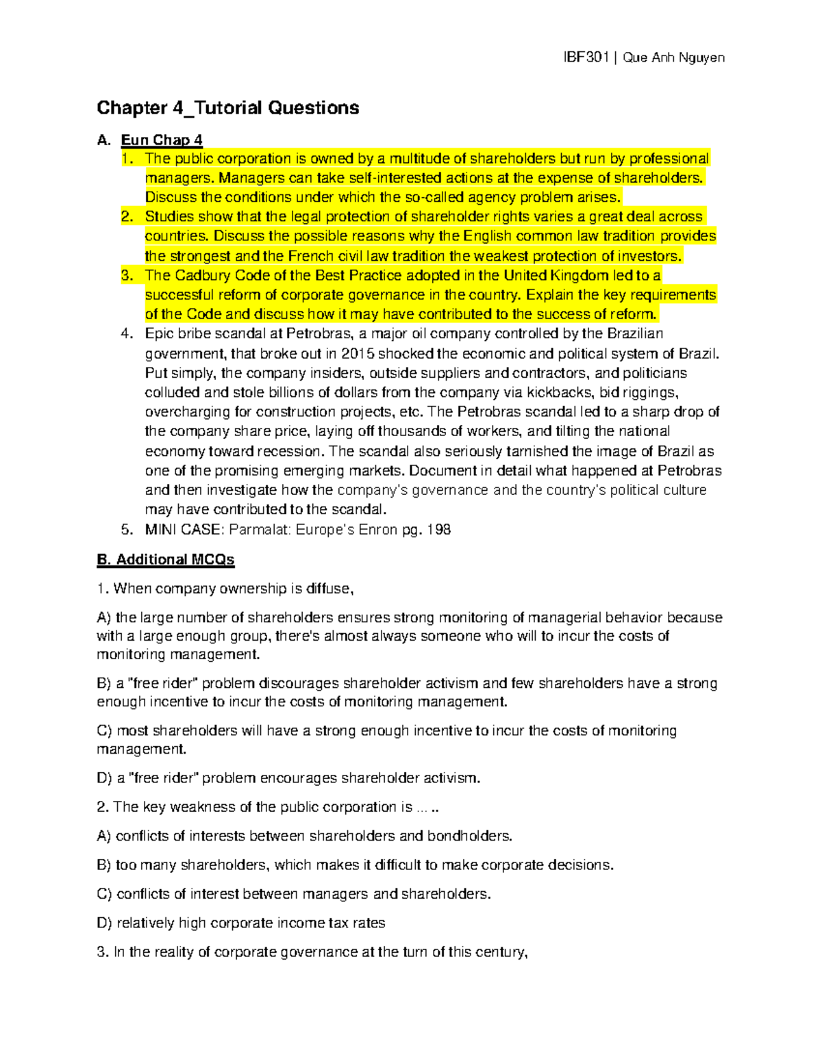 IBF301 Que Anh Nguyen Chapter 4 Tutorial Questions on Corporate ...