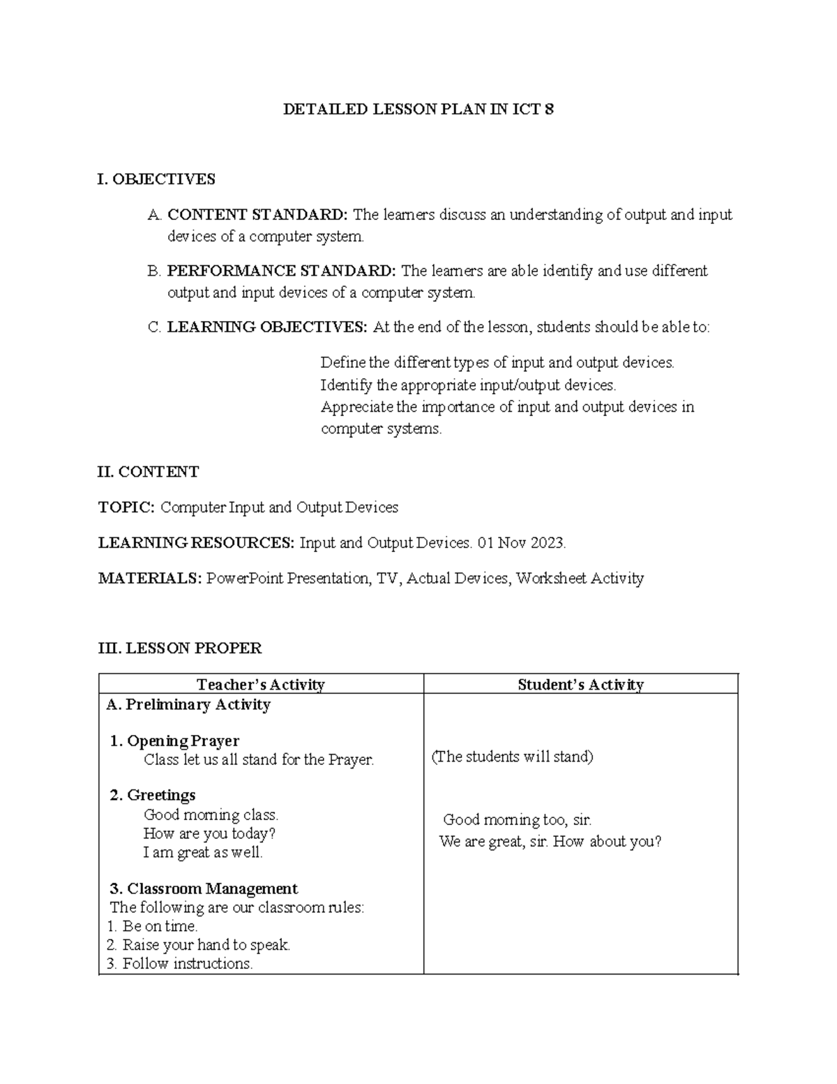 Detailed Lesson Plan: Computer Input & Output Devices (ICT 8) - Studocu