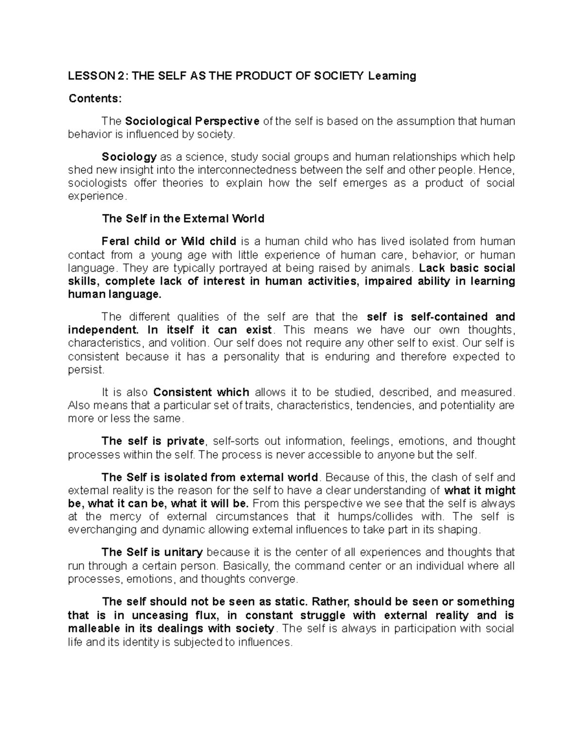 Sociological Perspective - Lesson 2: Understanding the Self's ...