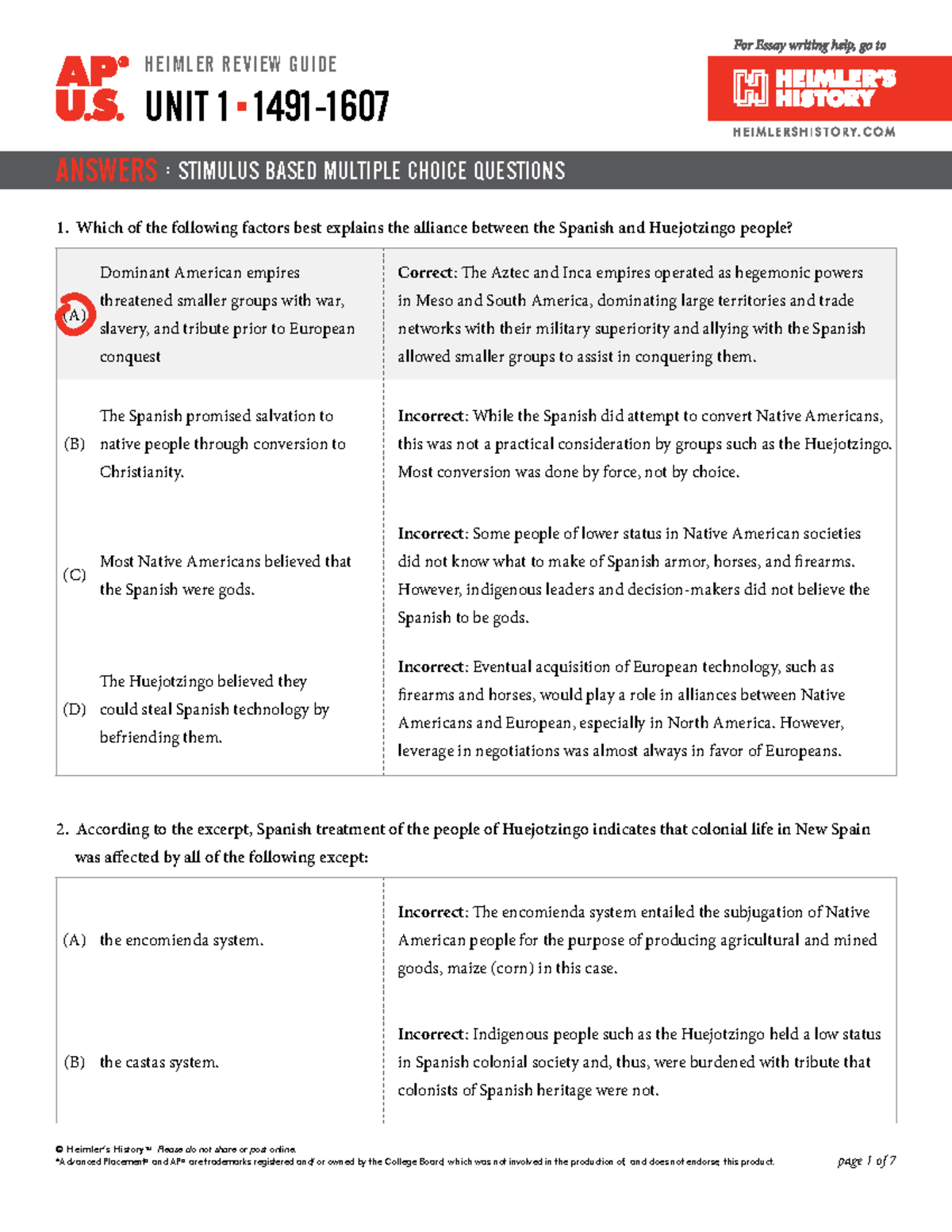 AP US HRG Unit 1 MCQ Answers - UNIT 1 1491- ANSWERS : STIMULUS BASED ...