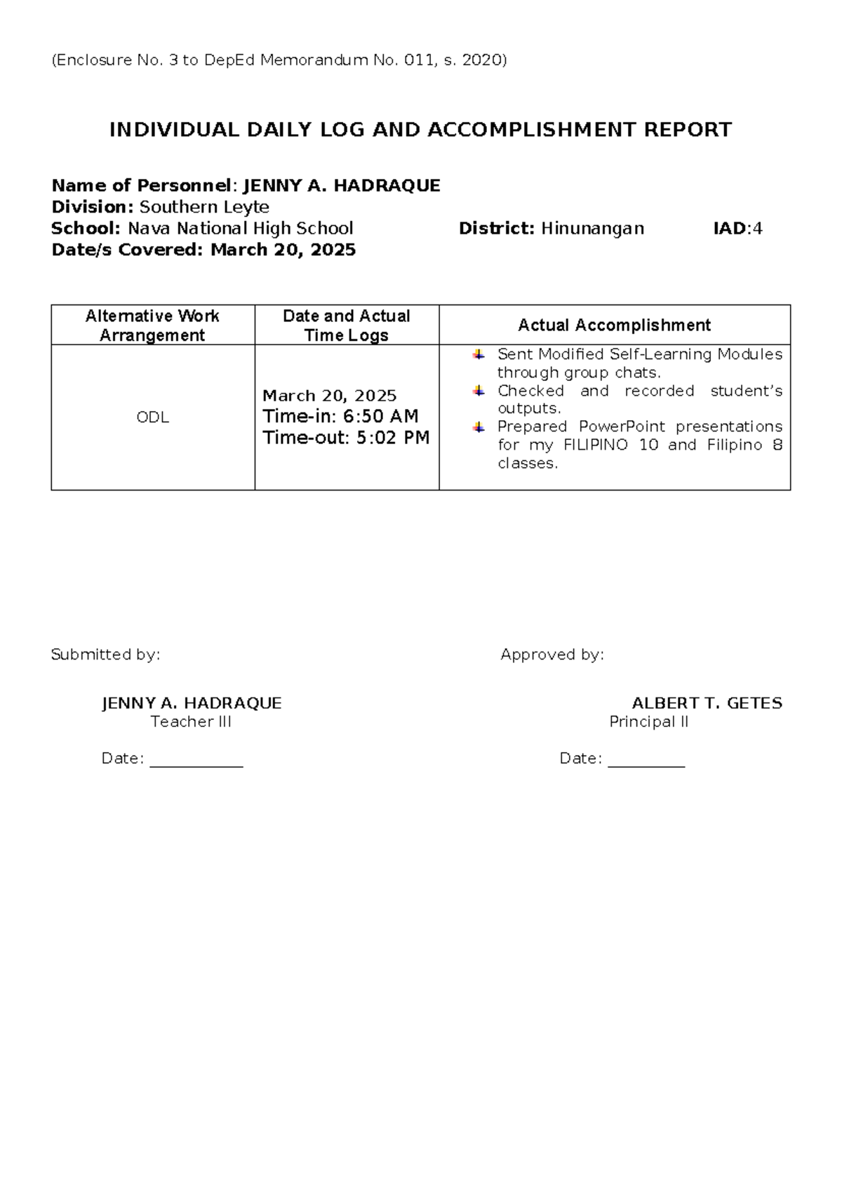 Idlar-NEW - Template - (Enclosure No. 3 to DepEd Memorandum No. 011, s ...