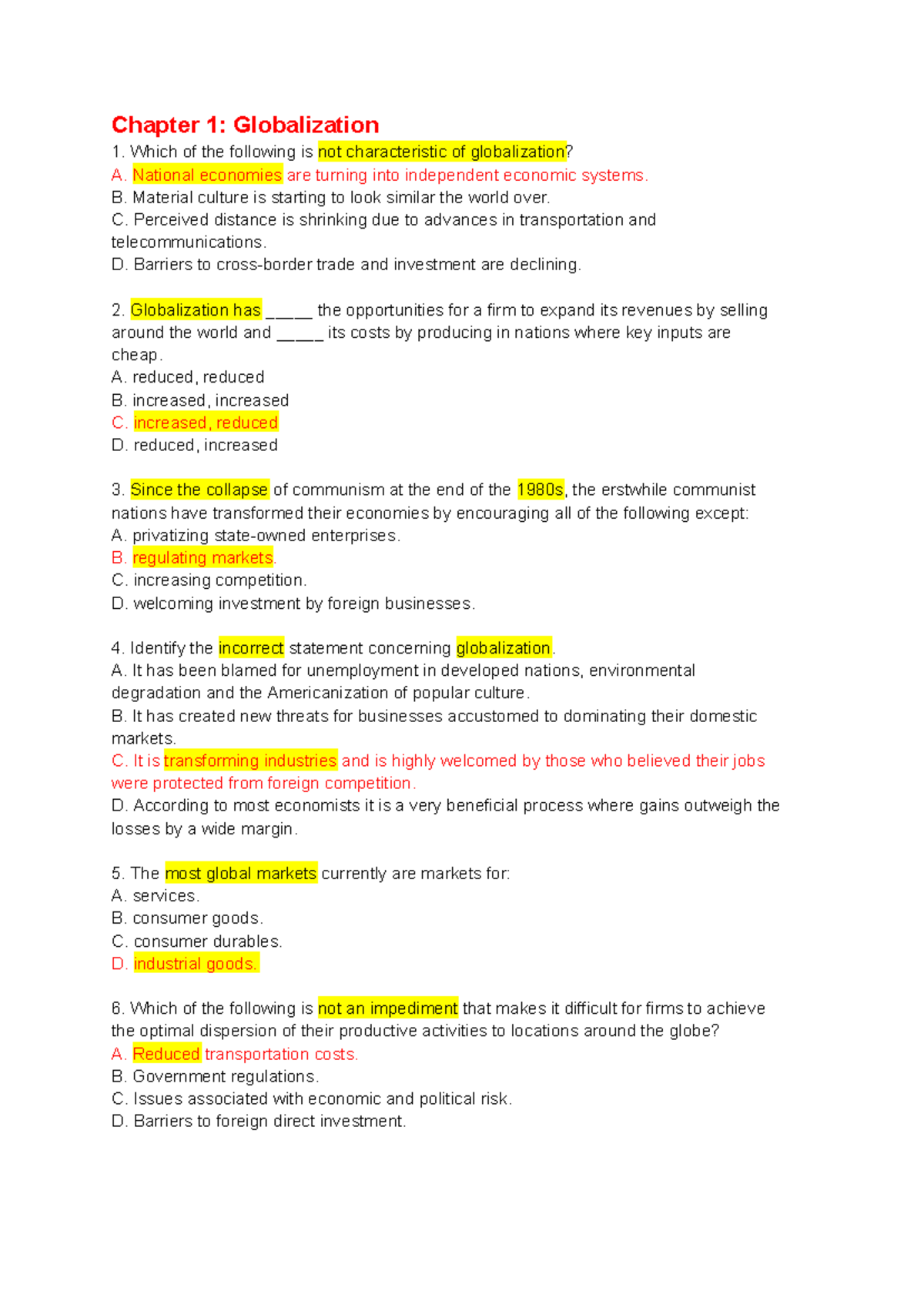 Chapter 1: Globalization - Key Concepts and Quiz Questions - Studocu