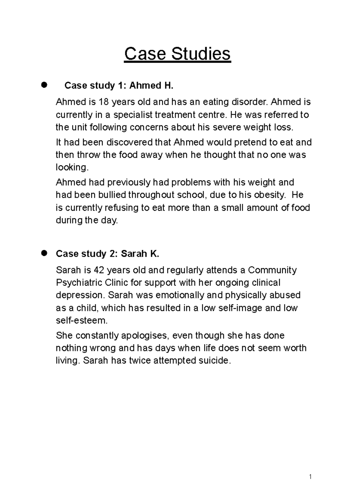 Unit 11 - Case Studies: Mental Health Cases and Quiz for Assignment Use - Studocu