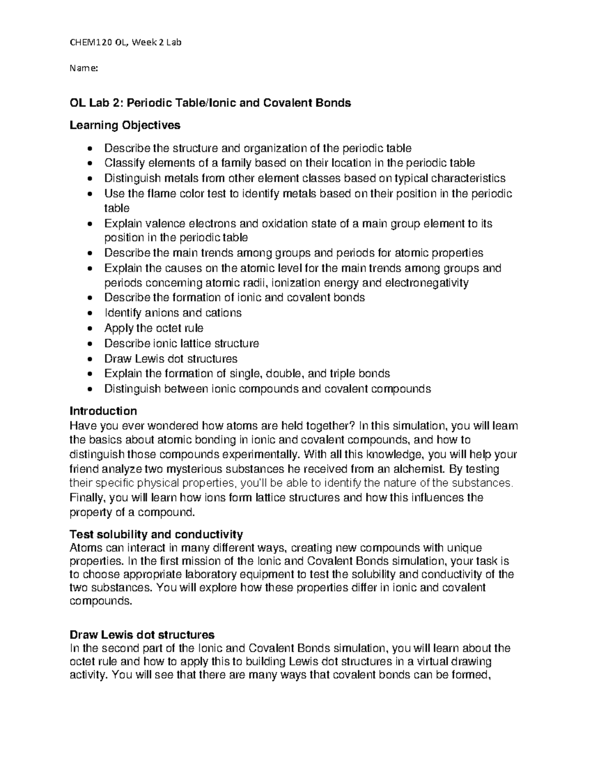 Week 2 Lab-Periodic Table and Ionic and Covalent Bonds - Name: OL Lab 2 ...