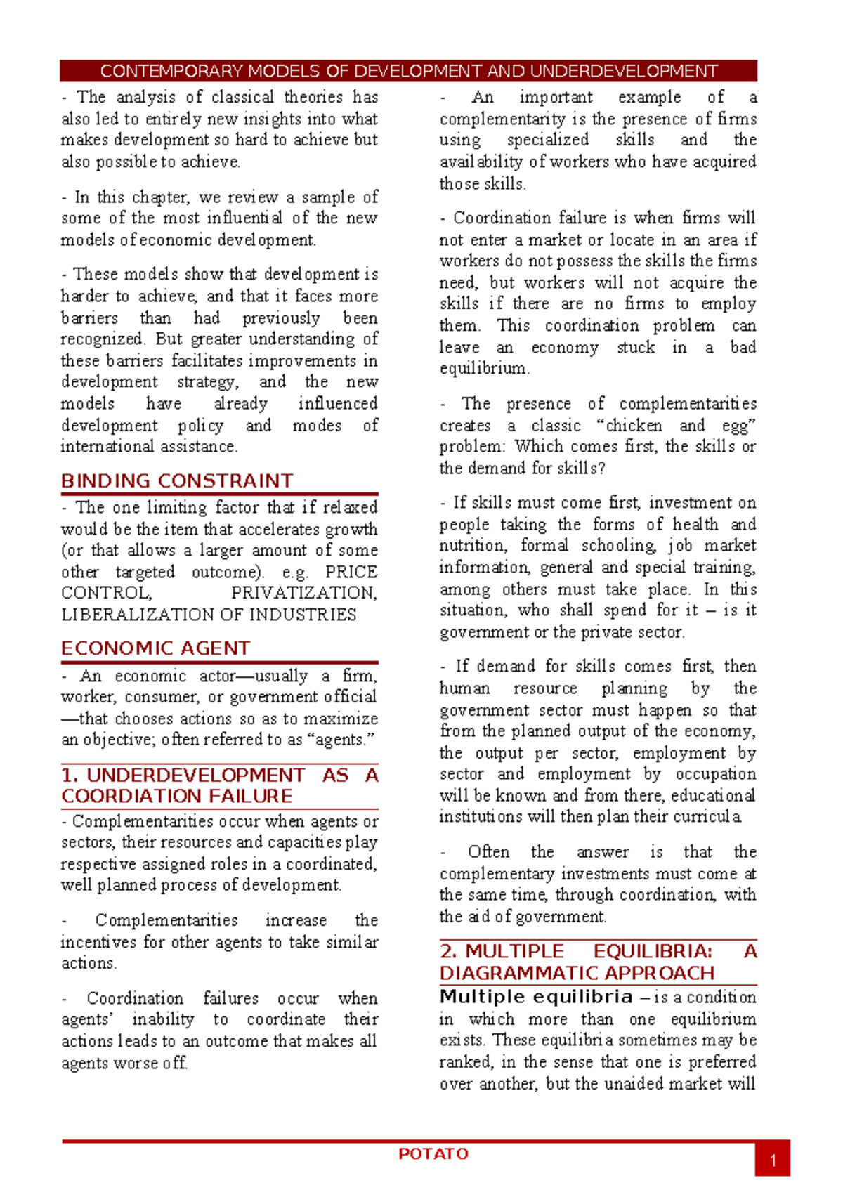 Contemporary Models of Development and Underdevelopment Analysis - Studocu